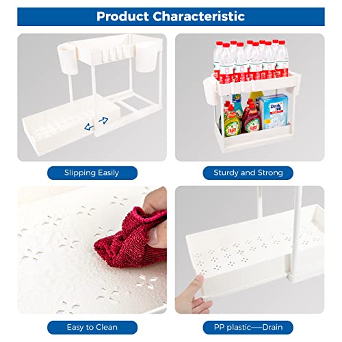 Under Sliding Cabinet Basket Organizer, 2-Tier Kitchen Under Sink Storage Drawer Rack Organizer Dust-proof Water-proof, Expandable Under Sink Organizer with 2 Cups and 4 Hooks, White