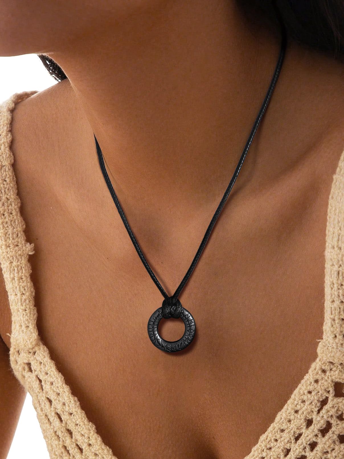 Viking Runes Necklace with Leather Neck Chains Black Stainless Steel Nordic Mythology Rune Charms