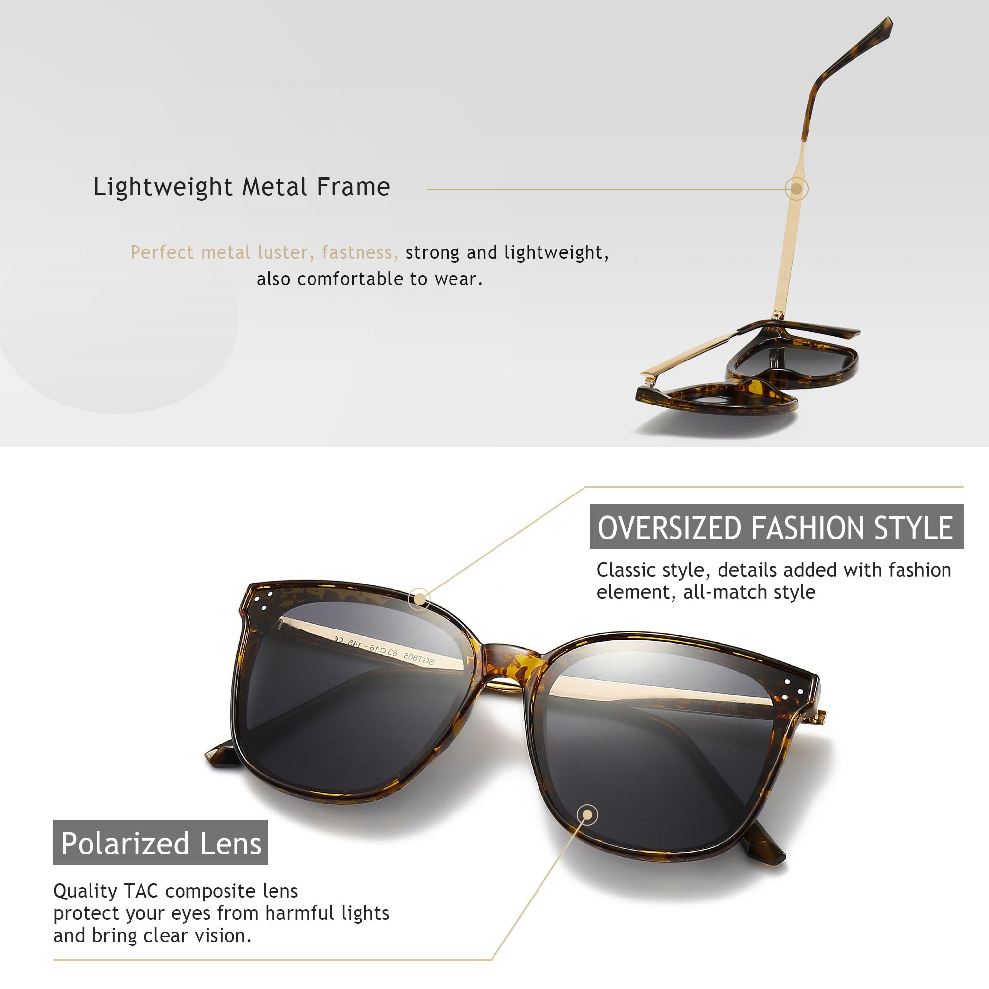 SUNGAIT Classic Square Sunglasses for Women Men Retro Round Polarized Shades Large Frame UV400 Sun Glasses