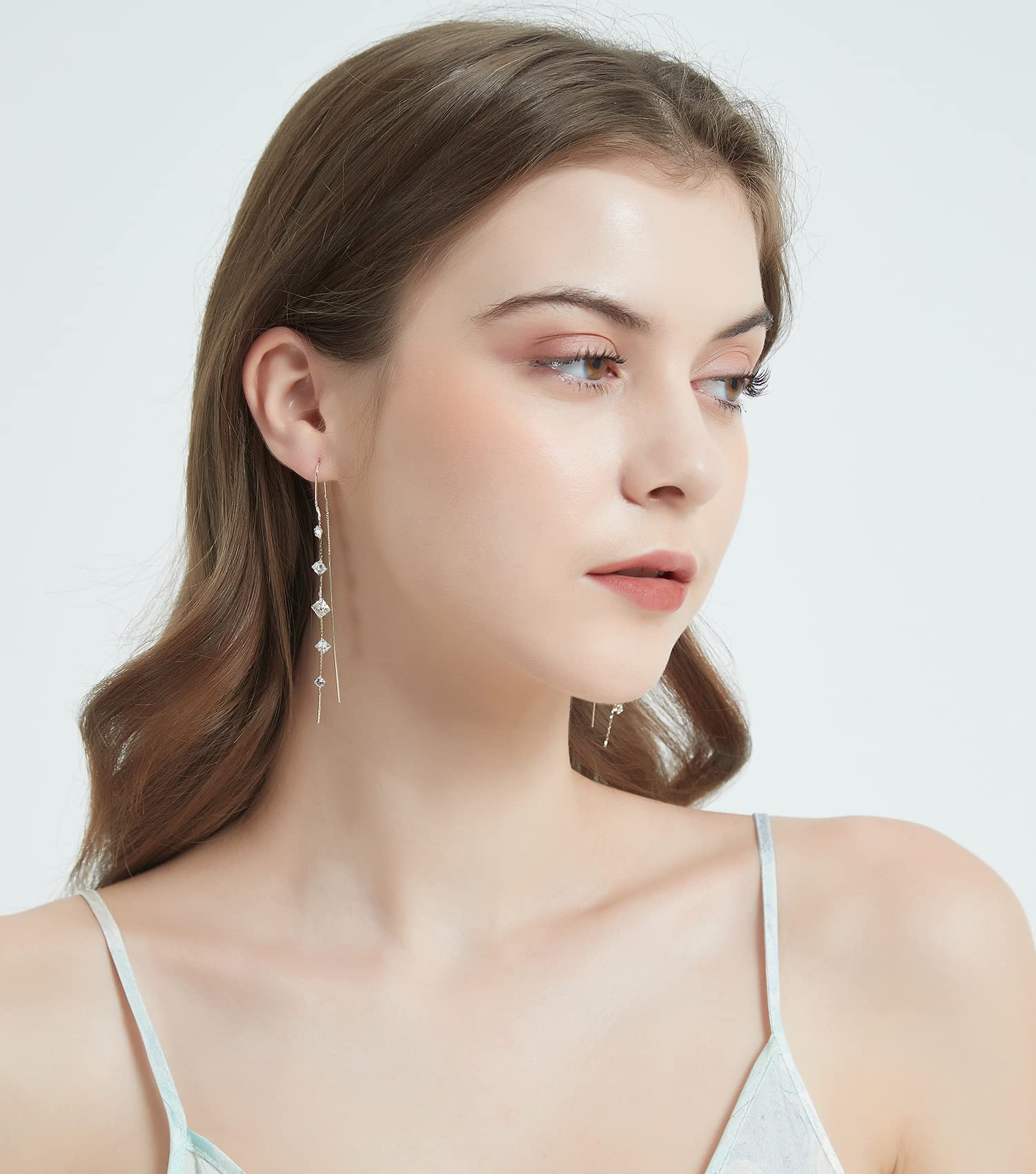 Threader Dangle Earring Long Chain Twist Curved Tassel Earring Star Butterfly Cubic Zirconia Gold Silver Drop Earring for Women Girl (Threader Earring-D)