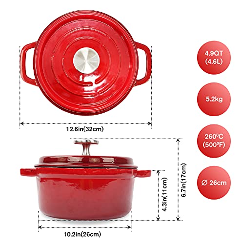 Puricon 4.9 QT Non-Stick Enameled Cast Iron Dutch Oven with Lid, 4.9 Quart Round Enamel Cast Iron Skillet with Loop Handles -Red