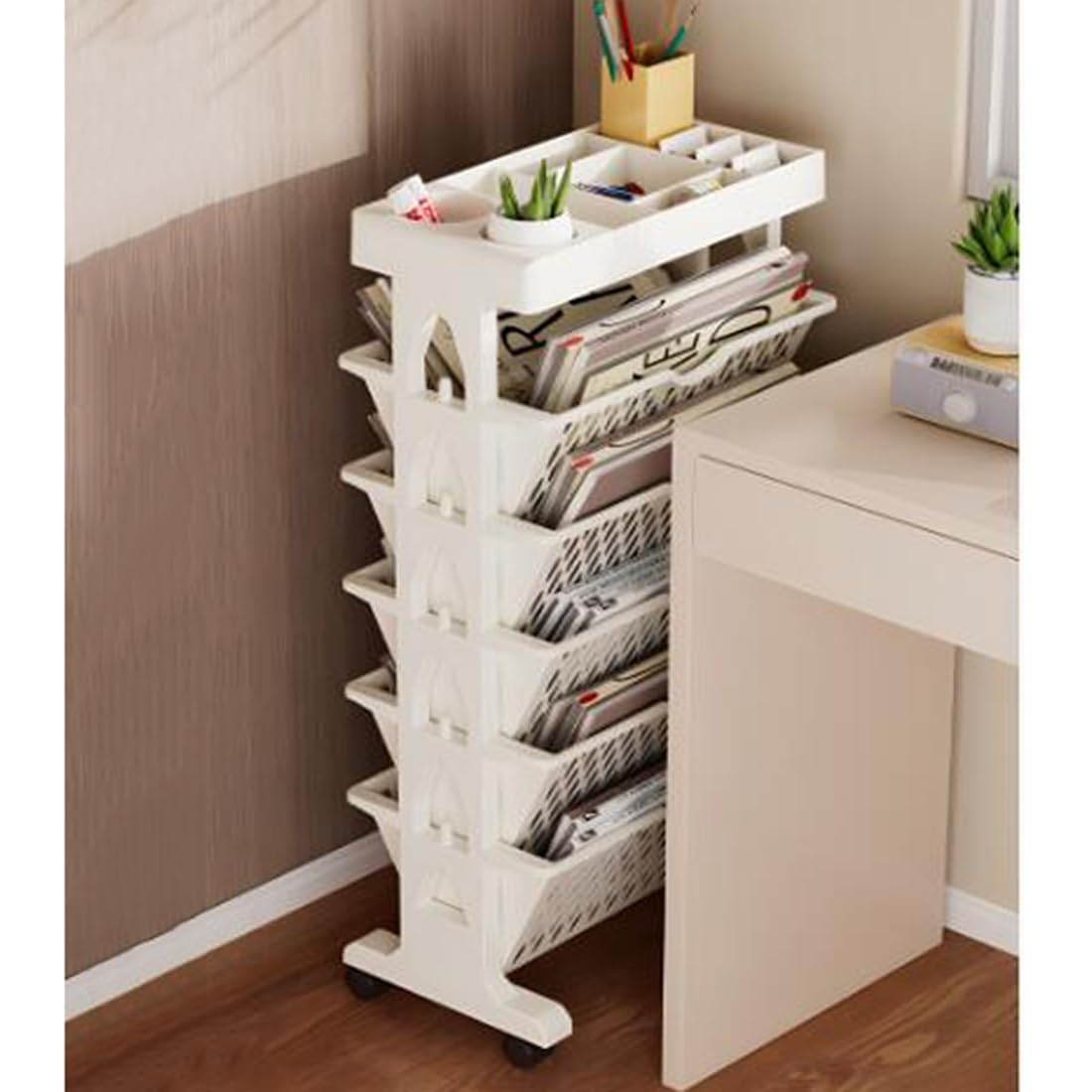 Movable Classroom Deskside Bookshelf, Desk Storage Organizer with Caster Wheels, 6-Tier Storage Trolley Under Desk, Adjustable Rolling Cart Organizer Multifunctional Rolling Cart with Hanging Cups