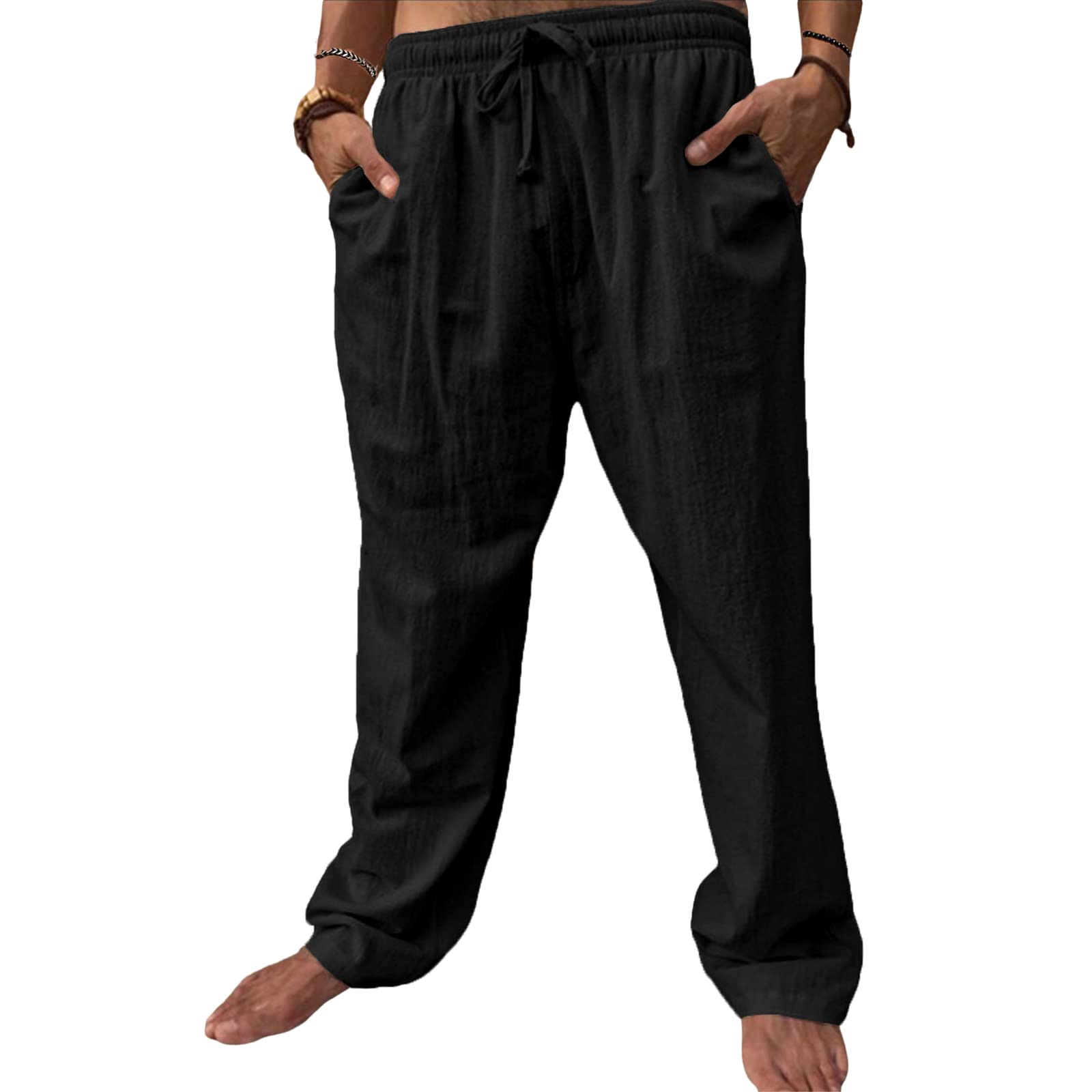 Mens Casual Linen Pants Loose Fit Lightweight Drawstring Summer Beach Yoga Pants Long Trousers Black
