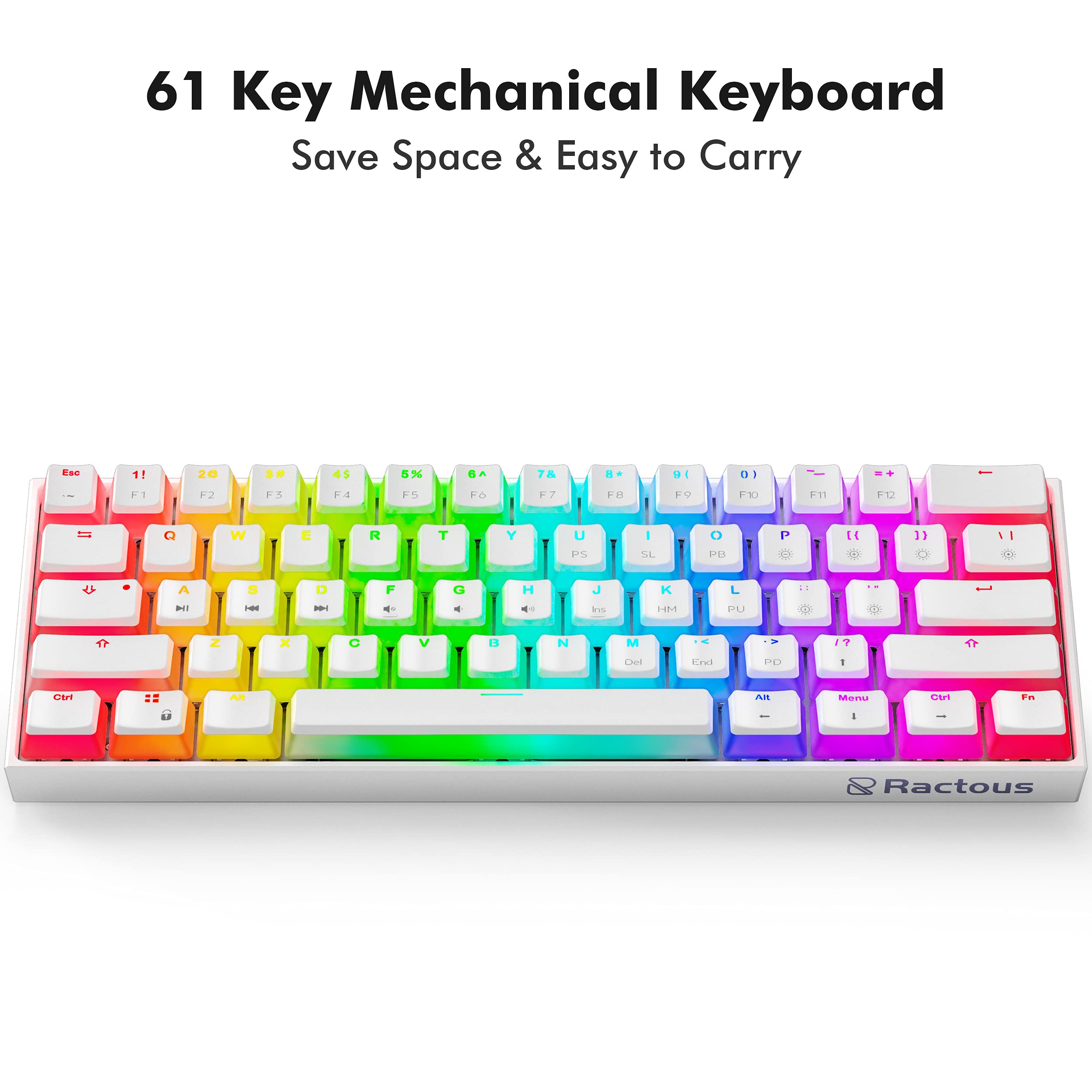 Ractous RTK61 60% Mechanical Gaming Keyboard RGB Backlit PBT Pudding keycaps 61key Ultra-Compact Wired Keyboard Programmable for PC/Mac Gamers,Hot-Swappable Gateron Optical Brown Switch (White)