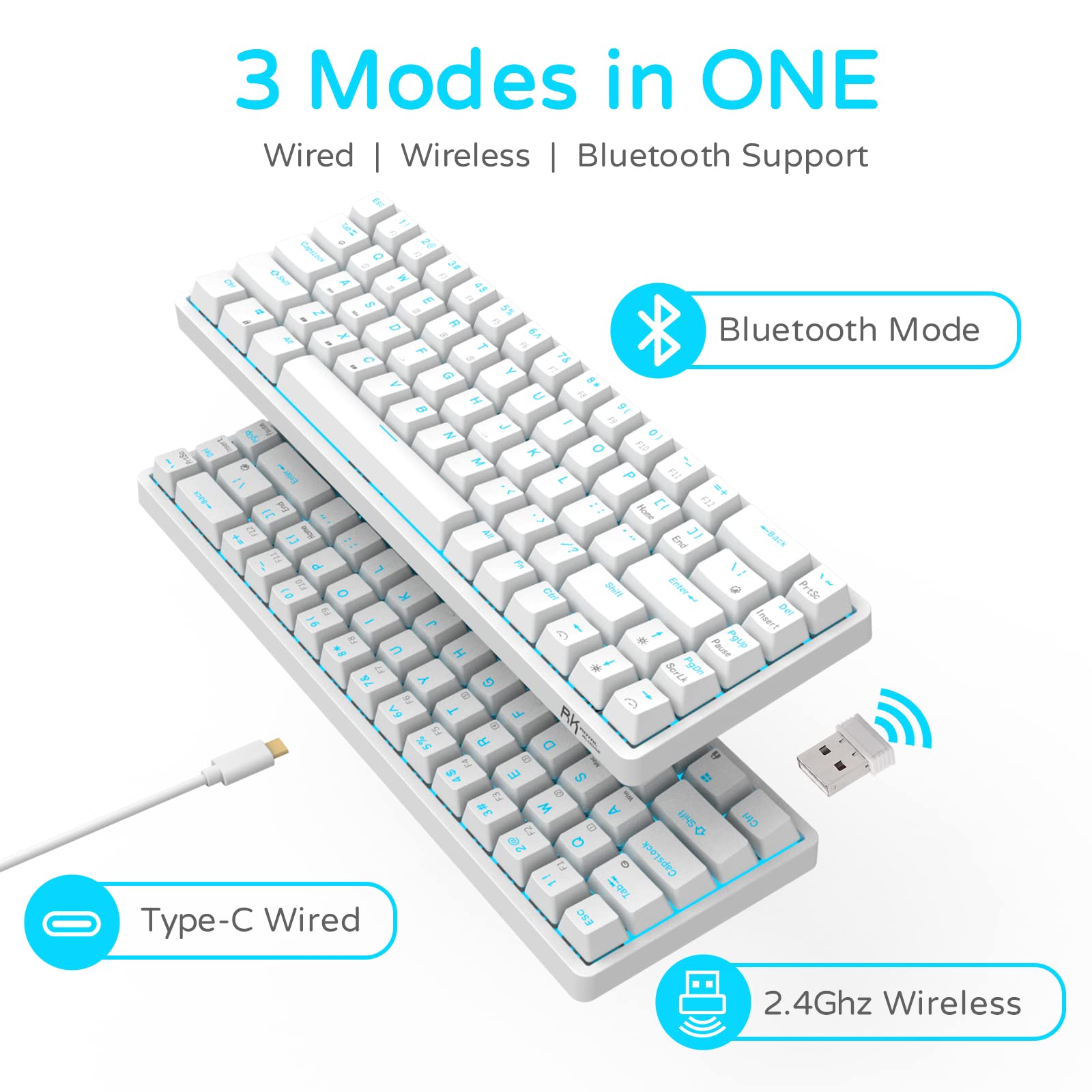 RK ROYAL KLUDGE RK G68 2.4Ghz Wireless/Bluetooth/Wired 65% Mechanical Keyboard, 68 Keys Hot Swappable Red Switch Gaming Keyboard with for Win/Mac