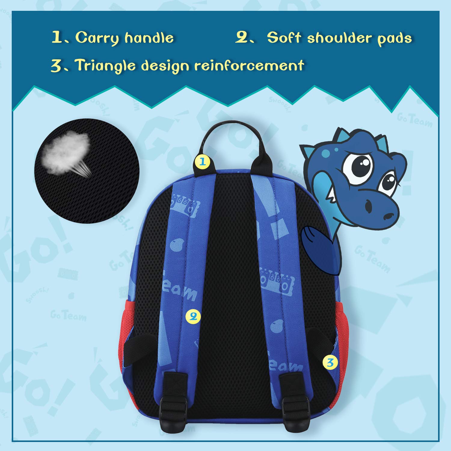 mommore Dinosaur Backpack With Safety Harness Leash Water-resistant, Blue