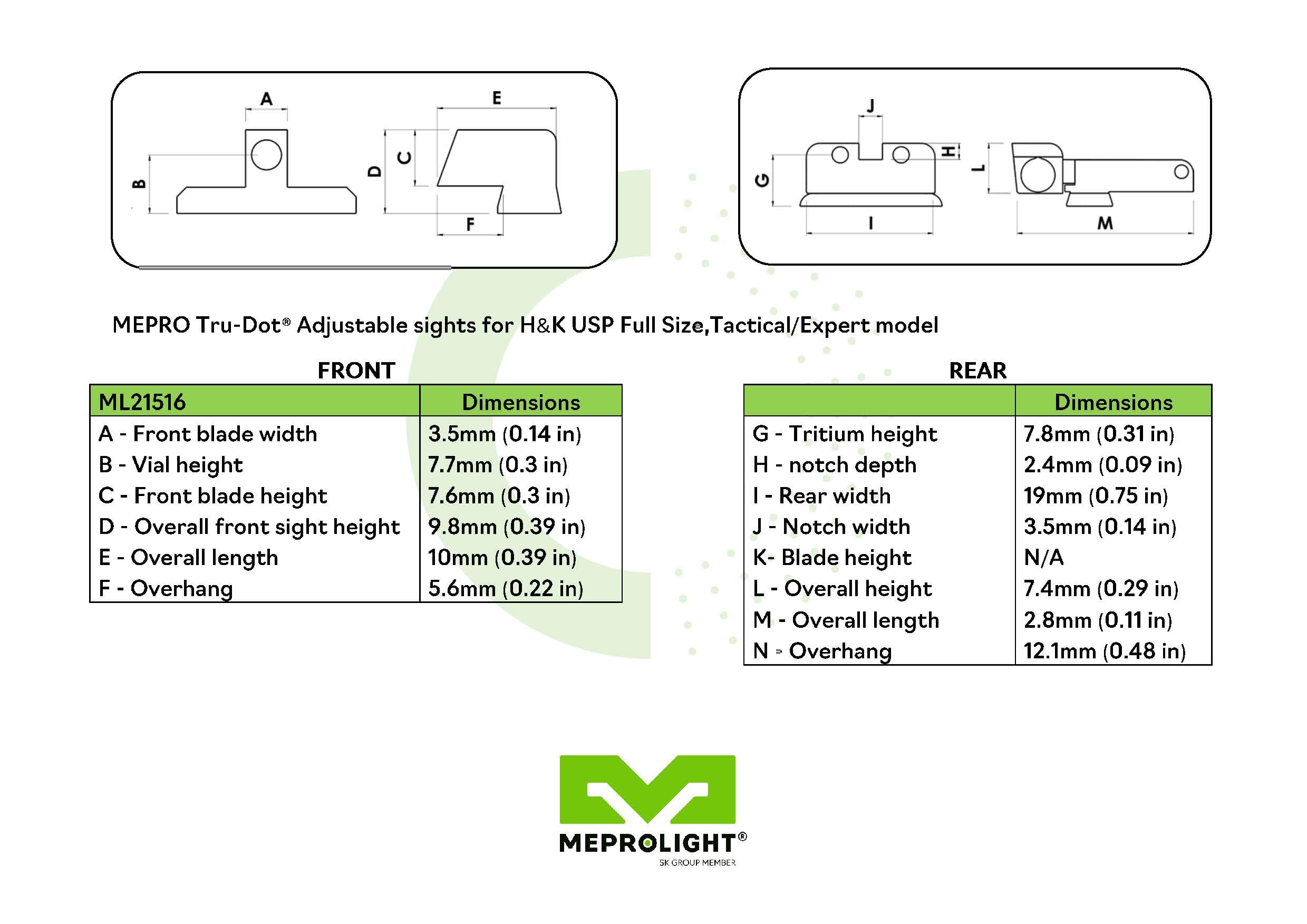 MEPRO Tru-Dot Adjustable Night tritium Sights Compatible with HK USP Full Size Tactical Expert Model Green tritium dots Glow on Sight self Illuminated Meprolight Fixed Metal Sights