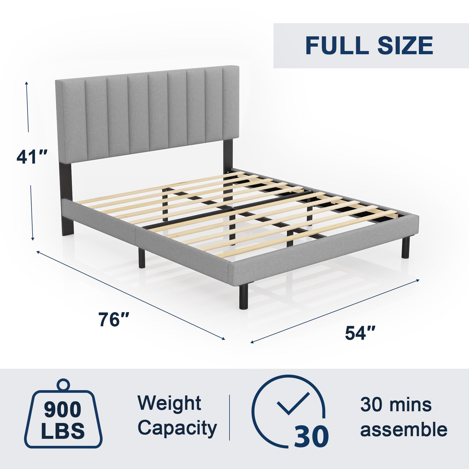 Molblly Full Size Bed Frame Upholstered Platform with Headboard and Strong Wooden Slats,Mattress Foundation,Non-Slip and Noise-Free,No Box Spring Needed, Easy Assembly,Light Gray