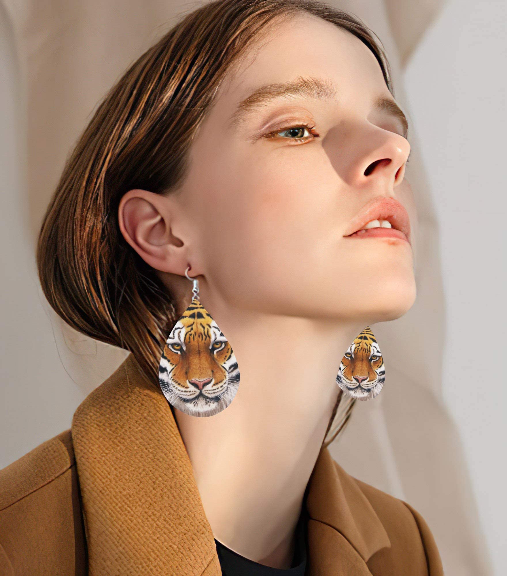 Tiger Earrings Leather Teardrop Hook Earrings for Women Girls 2 Piece Dangle Drop Earring Sets