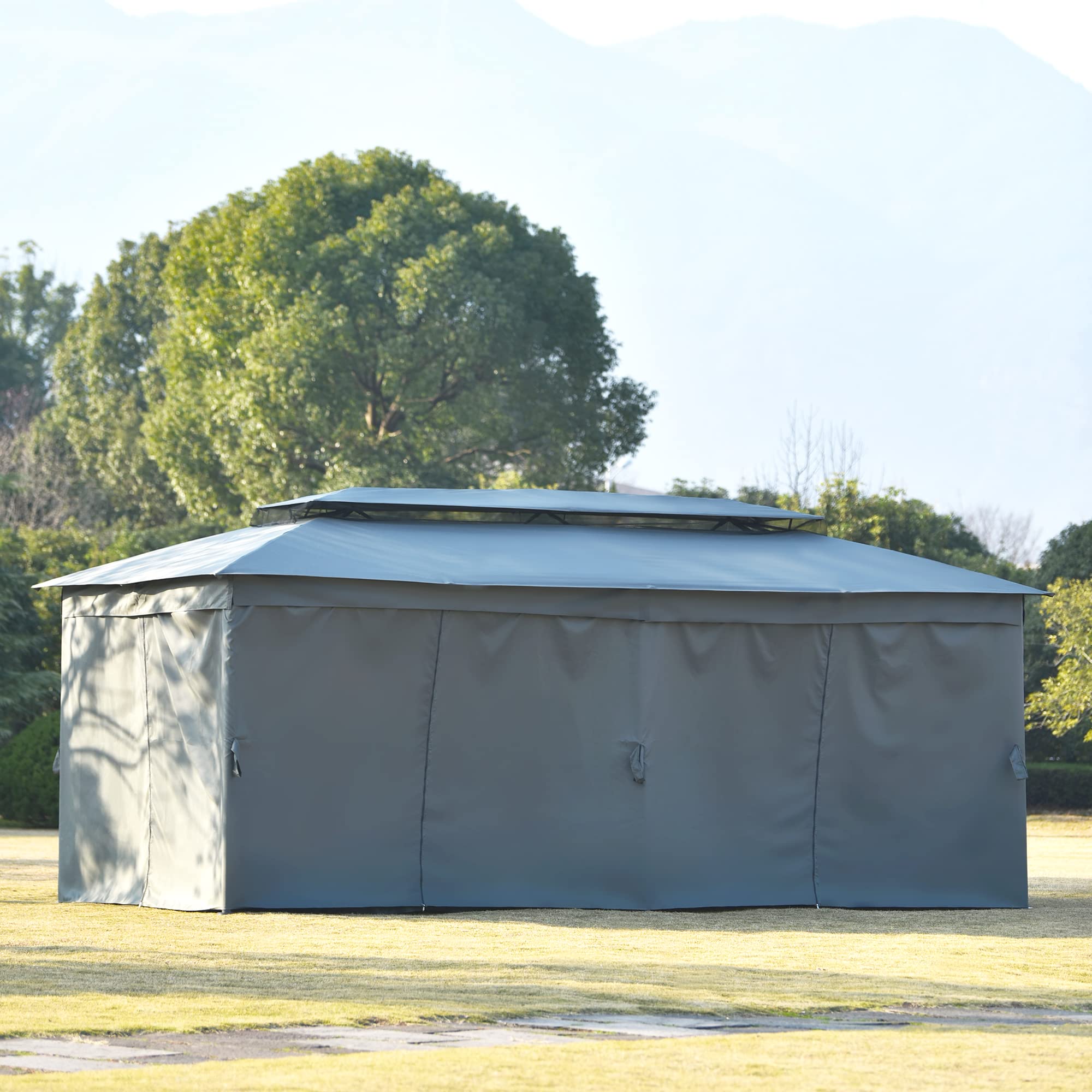 Merax 19.7Ft x 9.8Ft Outdoor Gazebo, Double Top Canopy, Waterproof Zippered Oxford Cloth, Grey
