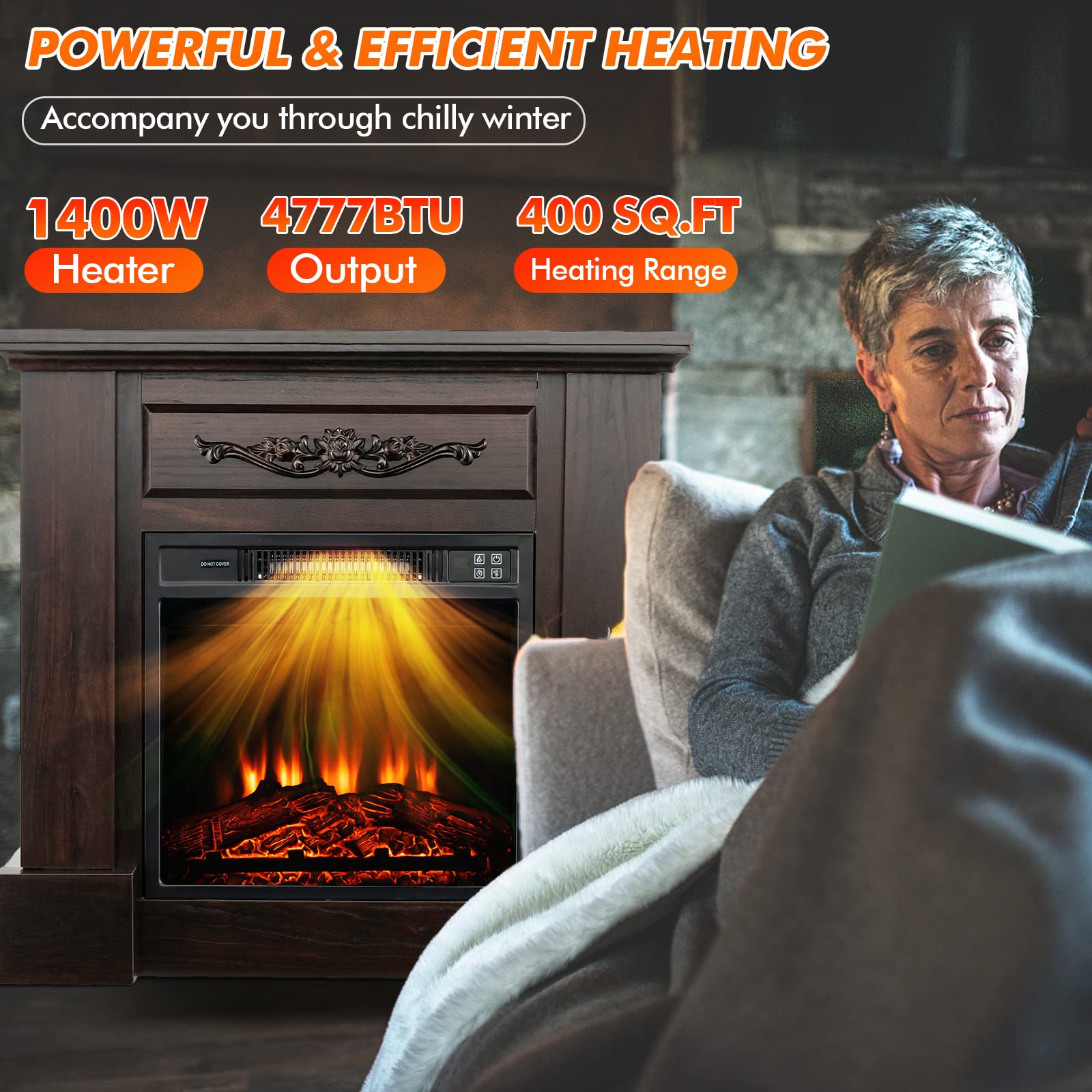 Tangkula 32’’Electric Fireplace with Mantle, Freestanding Fireplace Heater w/ 3D Realistic & Adjustable Flame, Remote Control, Overheat Protection, 1400 W Wooden Fireplace Mantel for Home (Brown)