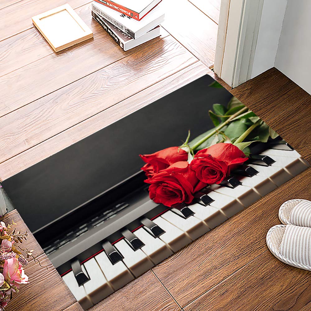Red Rose Flower on Black and White Piano Keys Indoor Doormat Bath Rugs Non Slip, Washable Cover Floor Rug Absorbent Carpets Floor Mat Home Decor for Kitchen Bathroom Bedroom (16x24)