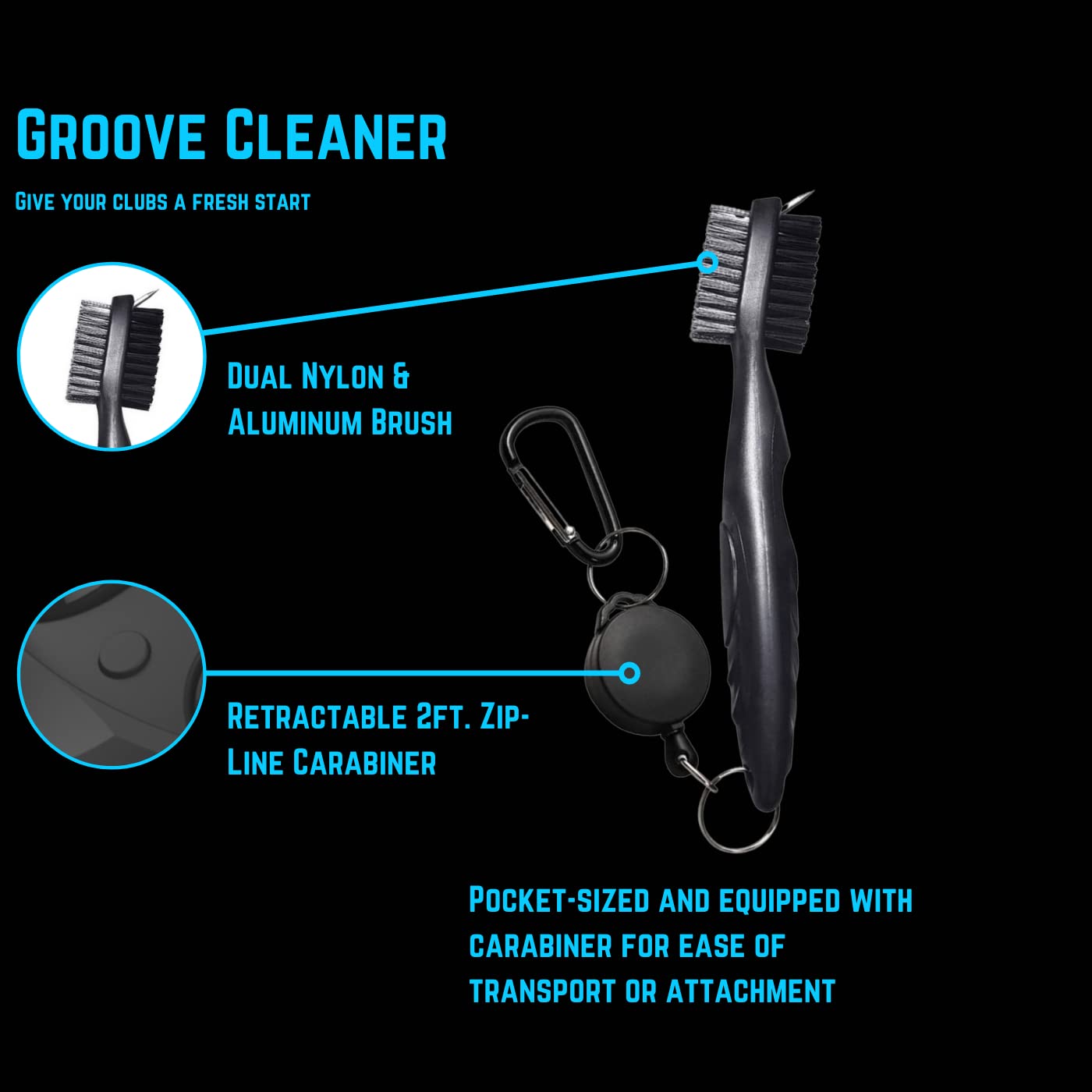 NuRich Golf Club Sharpener and Brush Cleaner Golfer Accessories Kit comes with Wire/Nylon Brush, Iron Groove Sharpener, Retractable Zip-Line, and Golfing Carabiner for Golf Bag or Lanyard Attachment