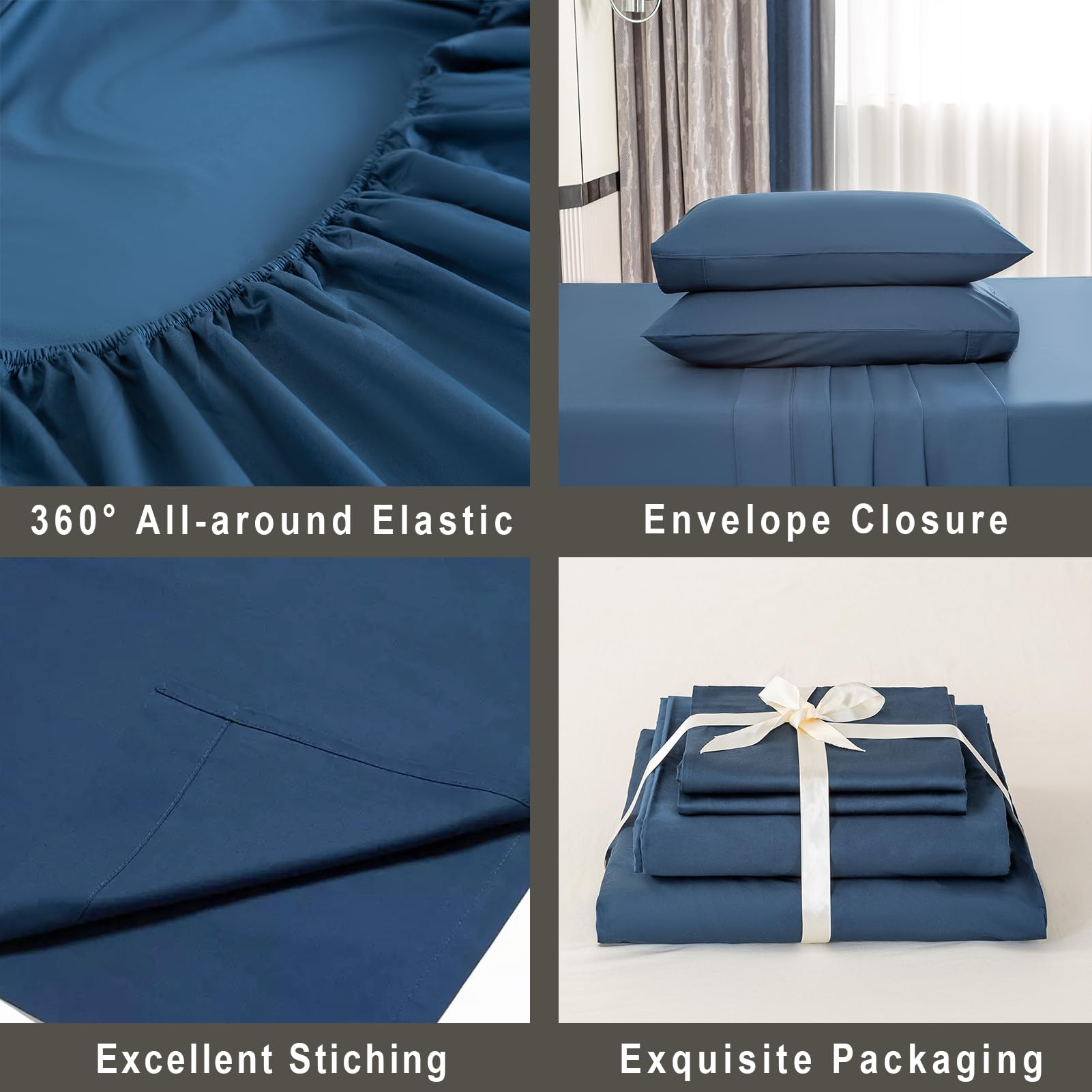 MEISHANG Cotton Sheets Full Size - 100% Cotton 600 Thread Count Sheets, Soft Breathable Cooling Sateen Egyptian Cotton Bed Sheets with Deep Pocket, 4 Pieces Set Navy