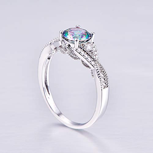 Momius 925 Silver Created-Rainbow Topaz Brilliant Round Cut Wave Side Band Ring for Girls Women Size 6¡