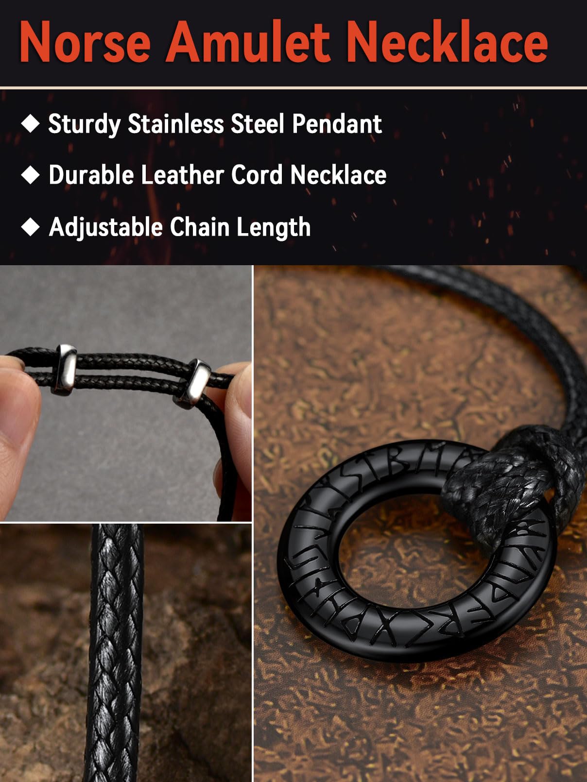 Viking Runes Necklace with Leather Neck Chains Black Stainless Steel Nordic Mythology Rune Charms