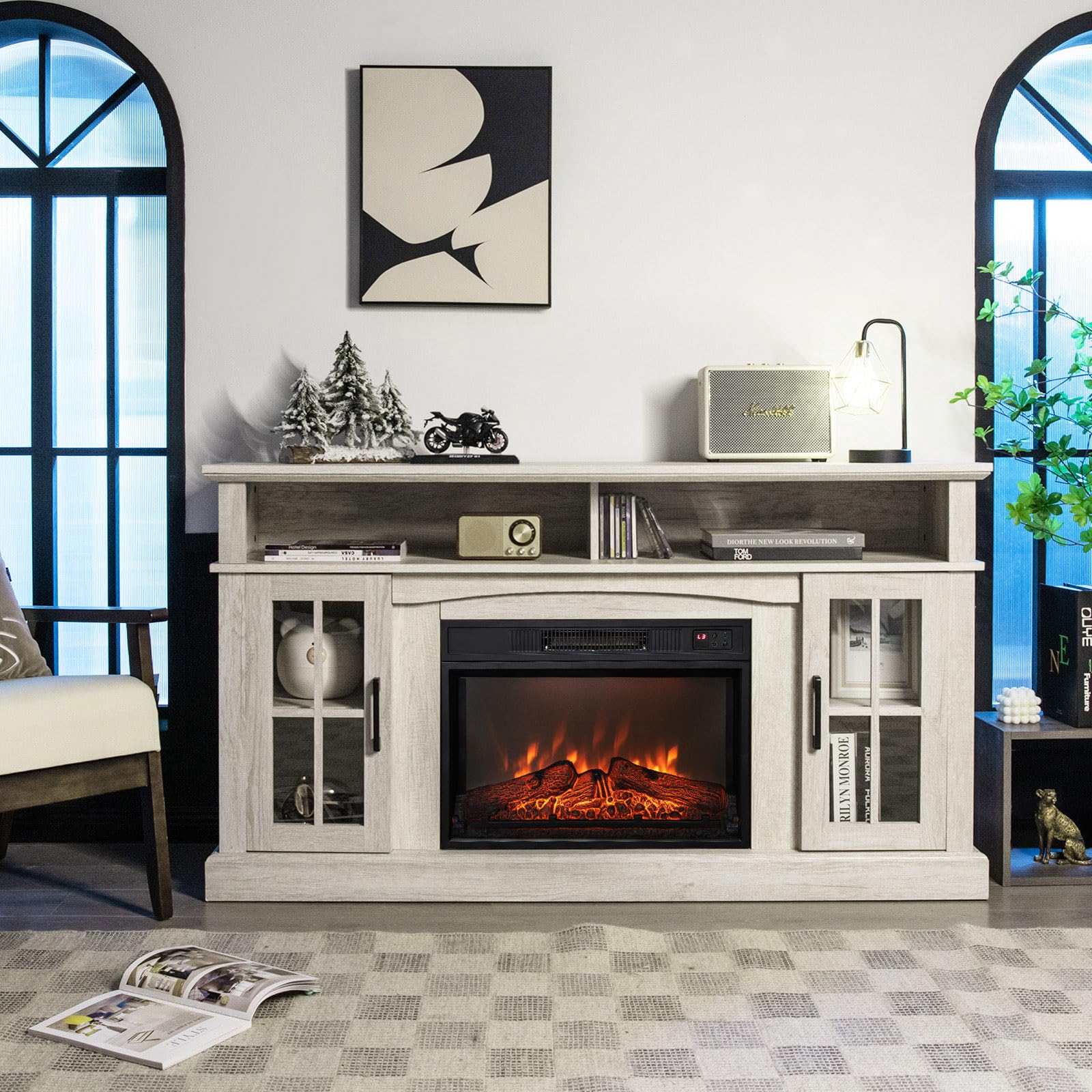 Tangkula Fireplace TV Stand for TVs Up to 65 Inch, Electric Fireplace TV Console w/Remote Control, Overheat Protection, 3-Level Adjustable Brightness, TV Entertainment Center w/23β Fireplace