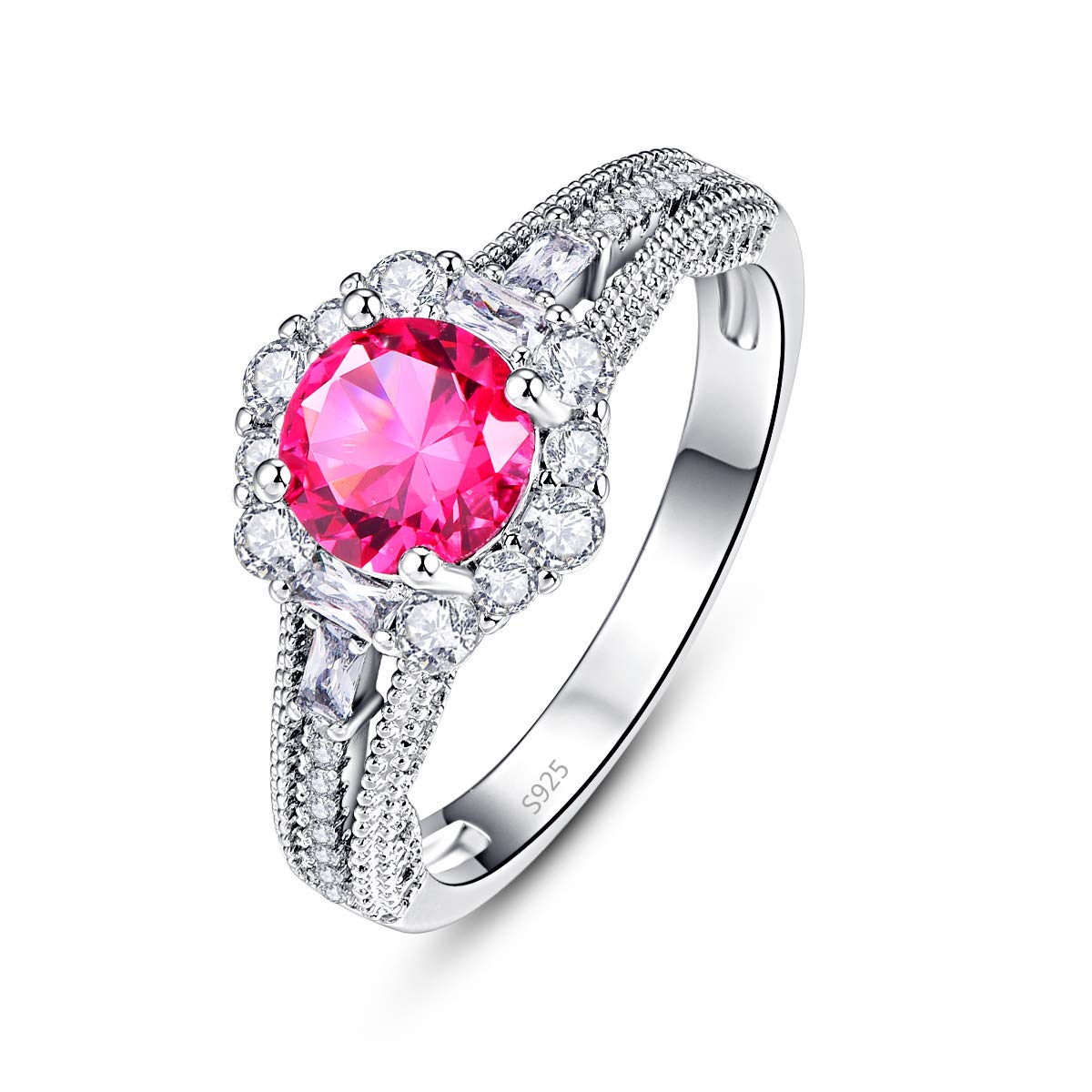 Momius 925 Sterling Silver Created Ruby Spinel 4-Prong Round Brilliant CZ Cut Halo Pave Triple Row Wedding Engagement Eternity Ring for Women Size 6
