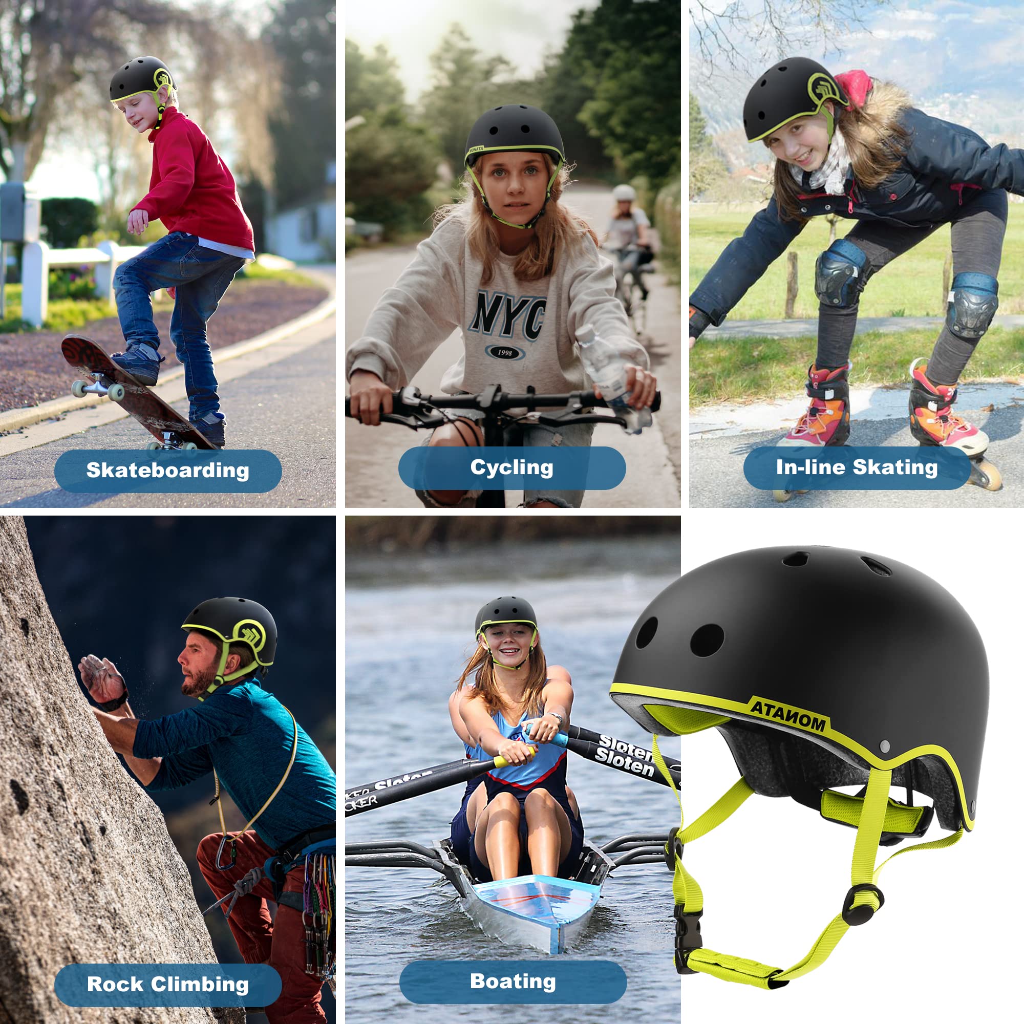 MONATA Skateboard Bike Helmet, Skate Scooter Helmet for Youth Adults Teens, Multisport Roller Skating Skateboarding Cycling Scooter Longboarding Rollerblading