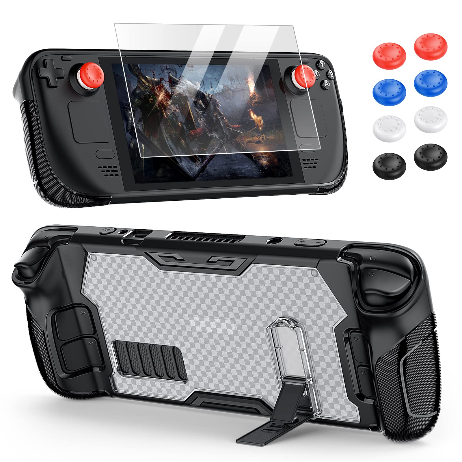 Upgraded Protective Case with Kickstand for Steam Deck/Steam Deck OLED, PC+TPU Cover Case for Steam Deck Accessories Kits with Kick Stand, Screen Protector & Thumb Caps, Flexible Case for Steam Deck