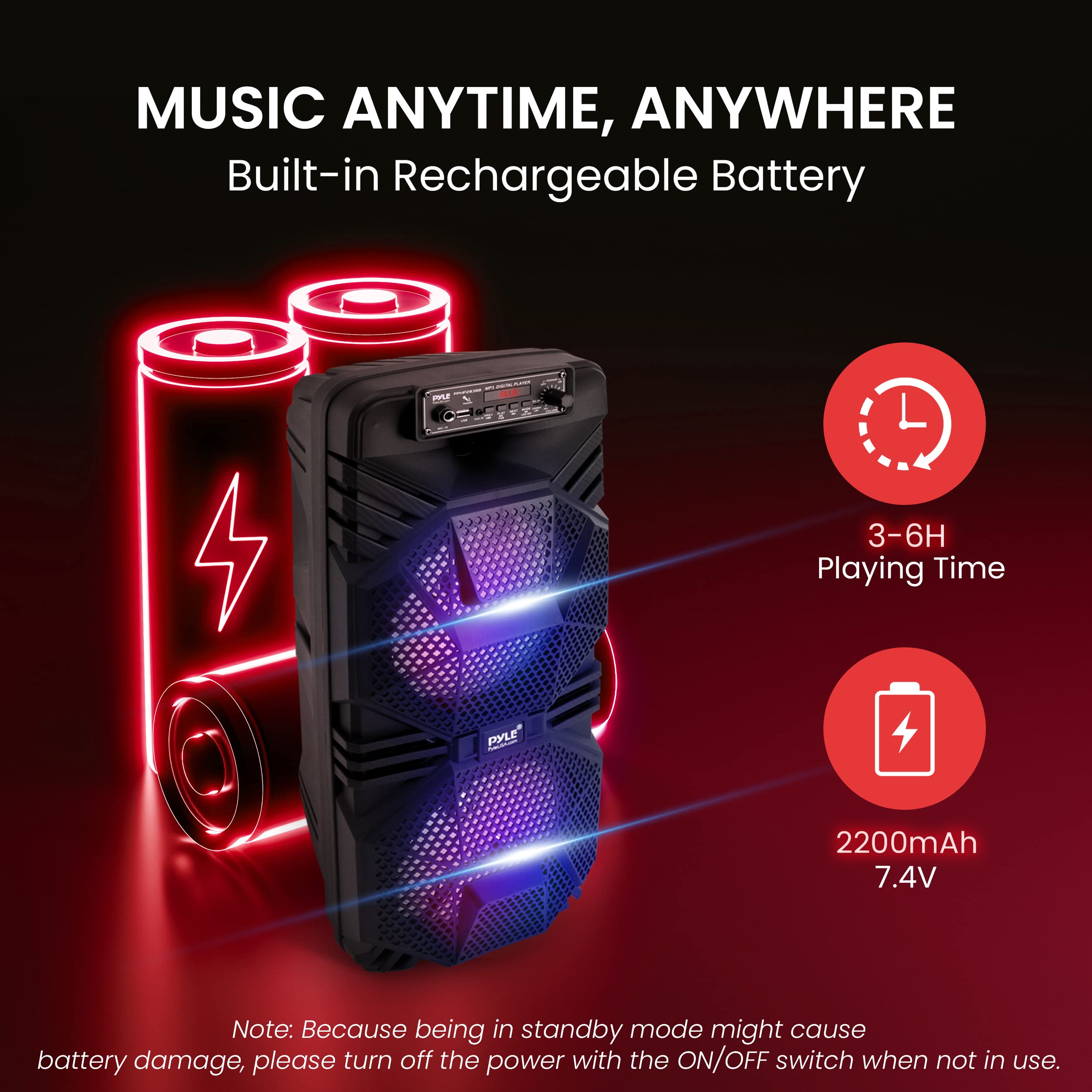 Pyle Bluetooth PA Speaker System - 600W Rechargeable Outdoor Bluetooth Speaker Portable PA System w/ Dual 8” Subwoofer 1” Tweeter, Microphone In, Party Lights, USB, Radio, Remote - Pyle PPHP2836B