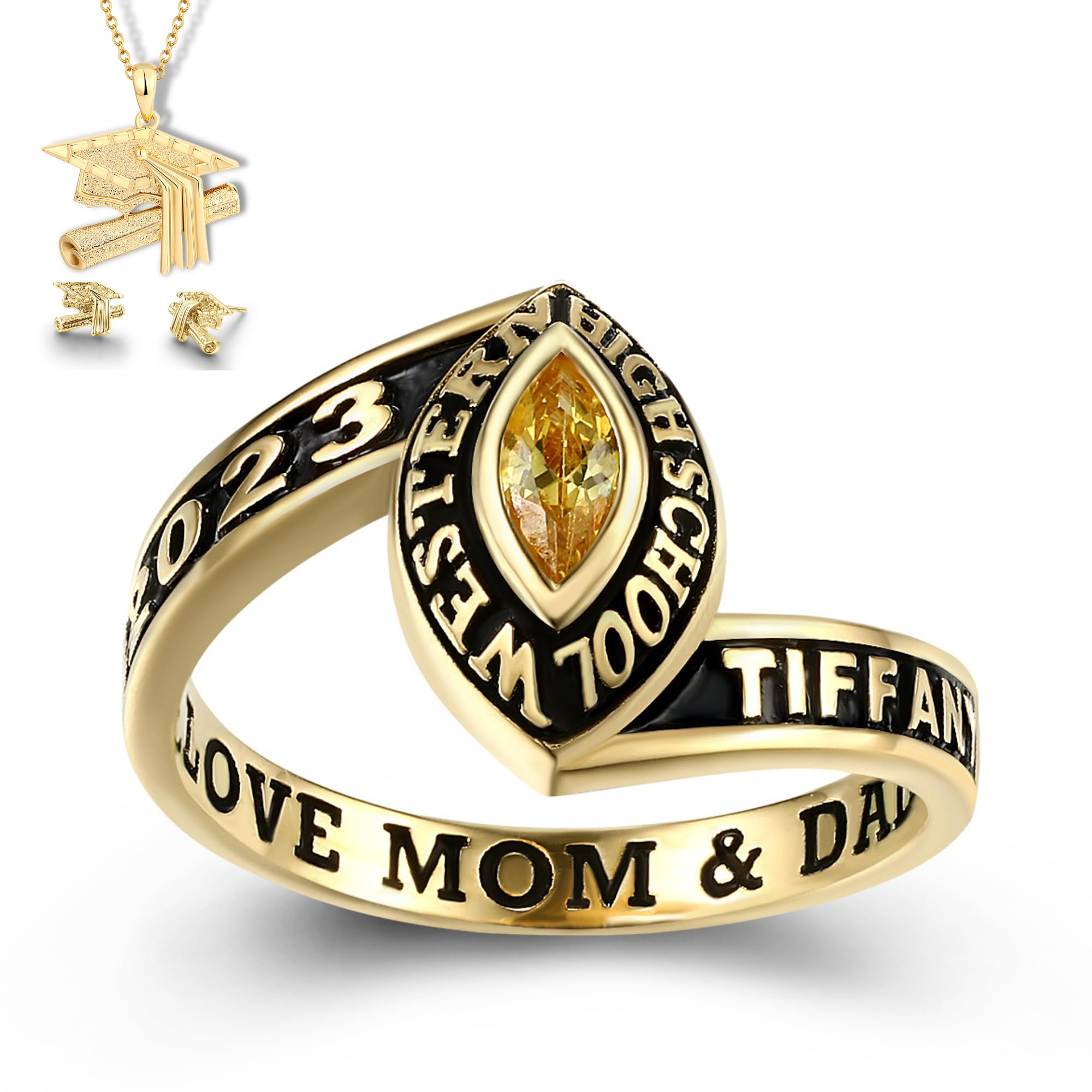 PJM Customized Sterling Silver Ladies High School and College Class Ring – Fashion Collection – Fully Personalized (10kt Yellow Gold, 5)
