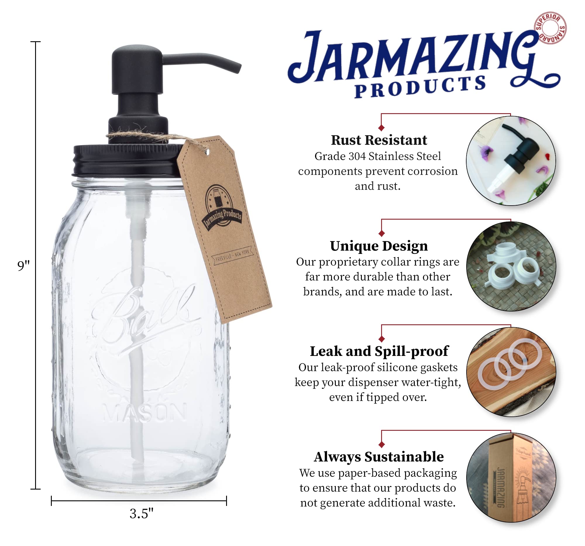 Quart Size Mason Jar Soap and Lotion Dispenser - Black - by Jarmazing Products - Made from Rust-Proof Stainless Steel