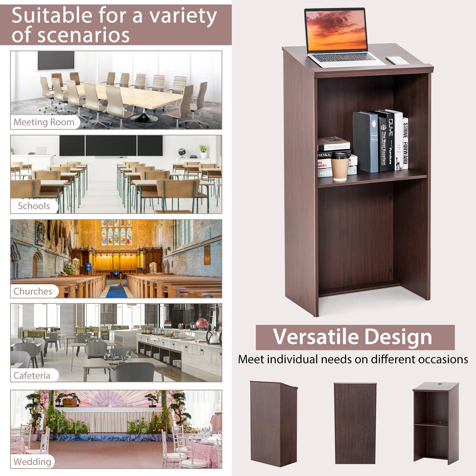 Tangkula Floor Standing Podium, Wooden Speaking Lectern Hostess Stand with 2-Tier Shelves & Dual Cable Holes, Standing Lectern Desk for Meeting Room, School, Churches, Auditorium, Classroom