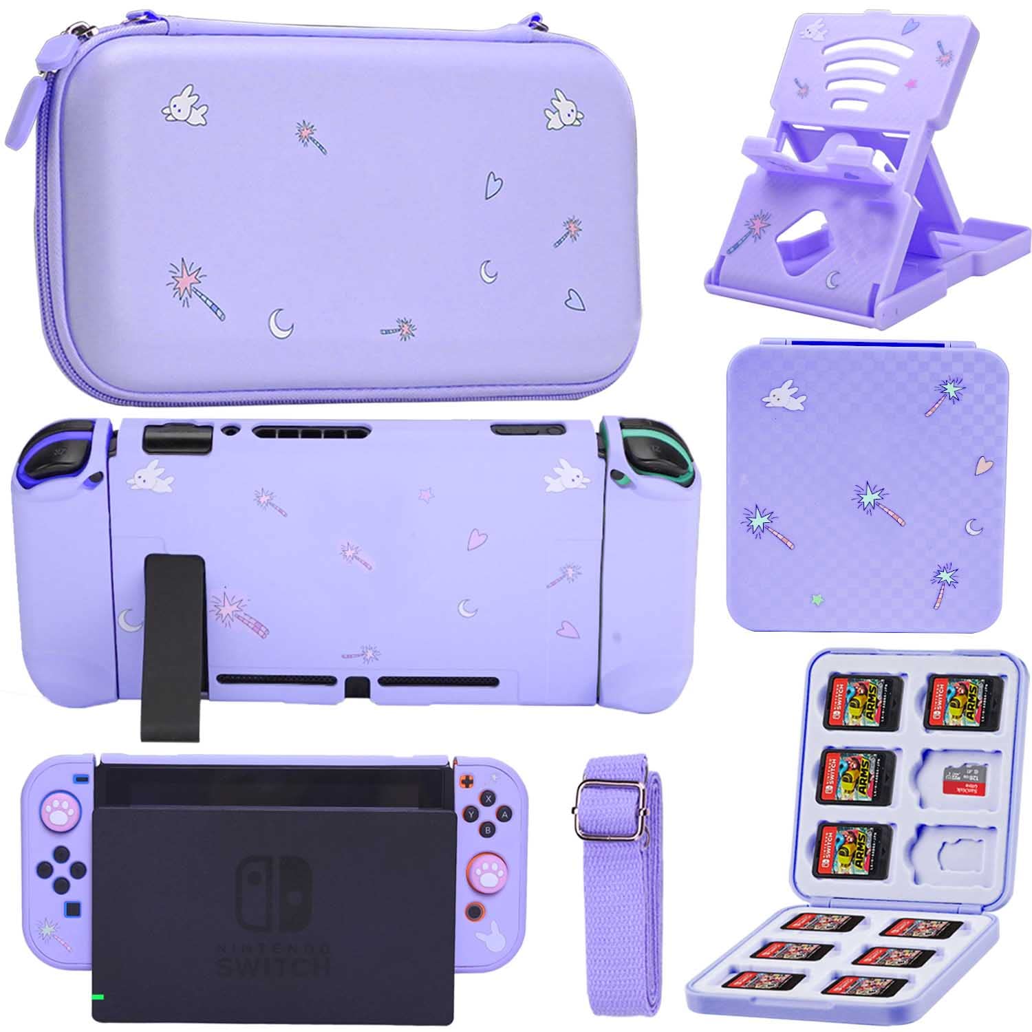 YOOWA Cute Switch Carrying Case for Nintendo Switch - Purple 4 in 1 NS Carry Case Bundle for Girls with Dockable Cover Case, Game Card Case and Kawaii Playstand - Accessories Set for Nintnedo Switch