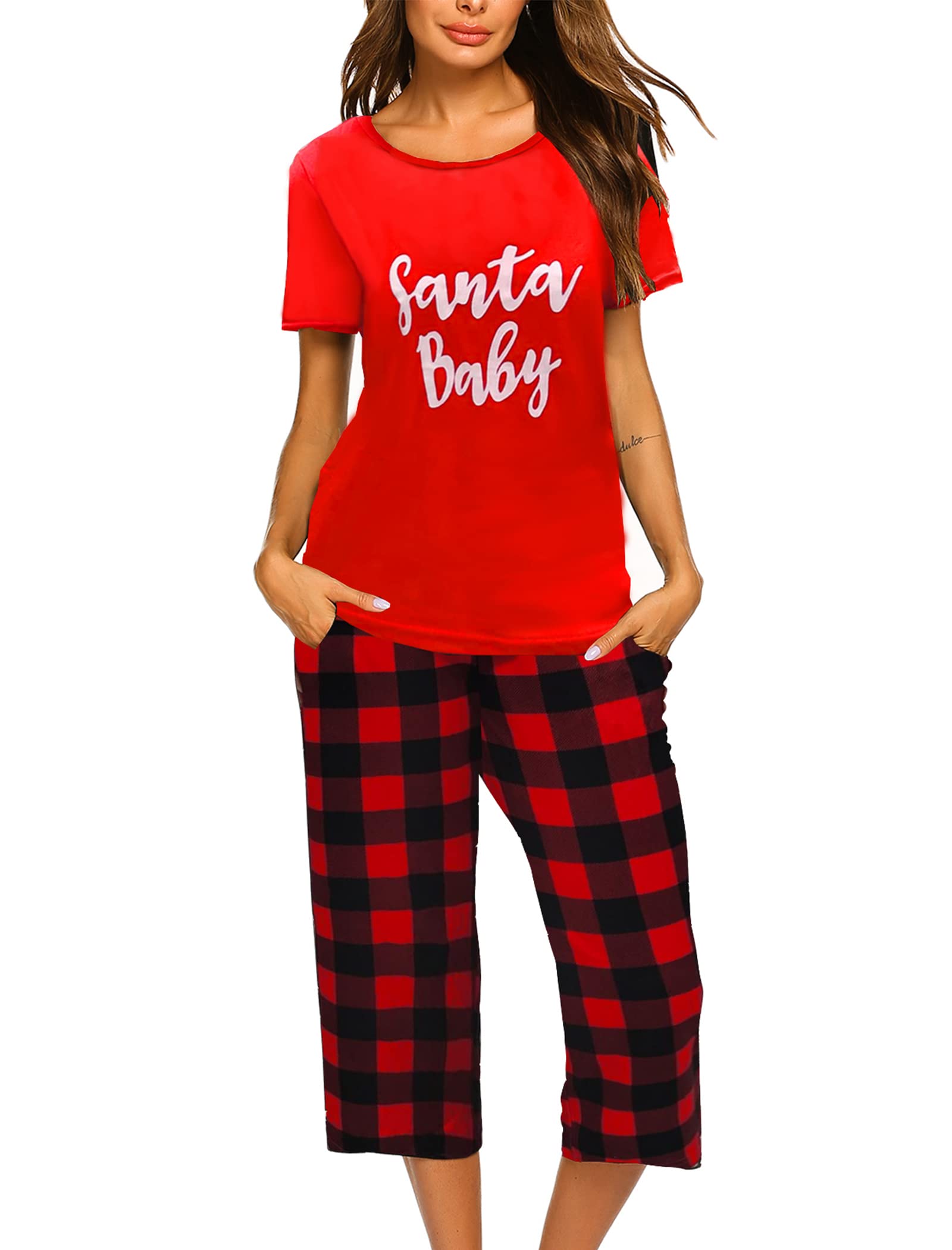 MAXMODA Women's Cute Printed Pajama Set Sleepwear Tops with Capri Pants funny pajamas for women Red Plaid L
