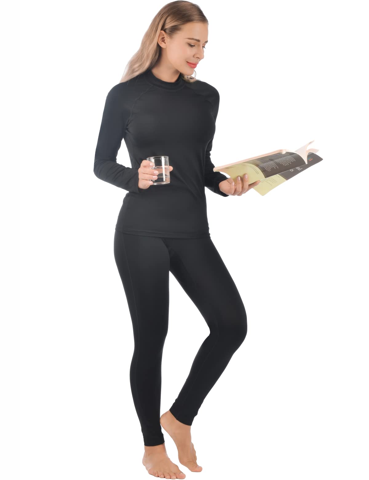 qualidyne Women’s Thermal Underwear Ultra-Soft Base Layer Long Johns Set Winter Sports Top and Bottom Suits Black