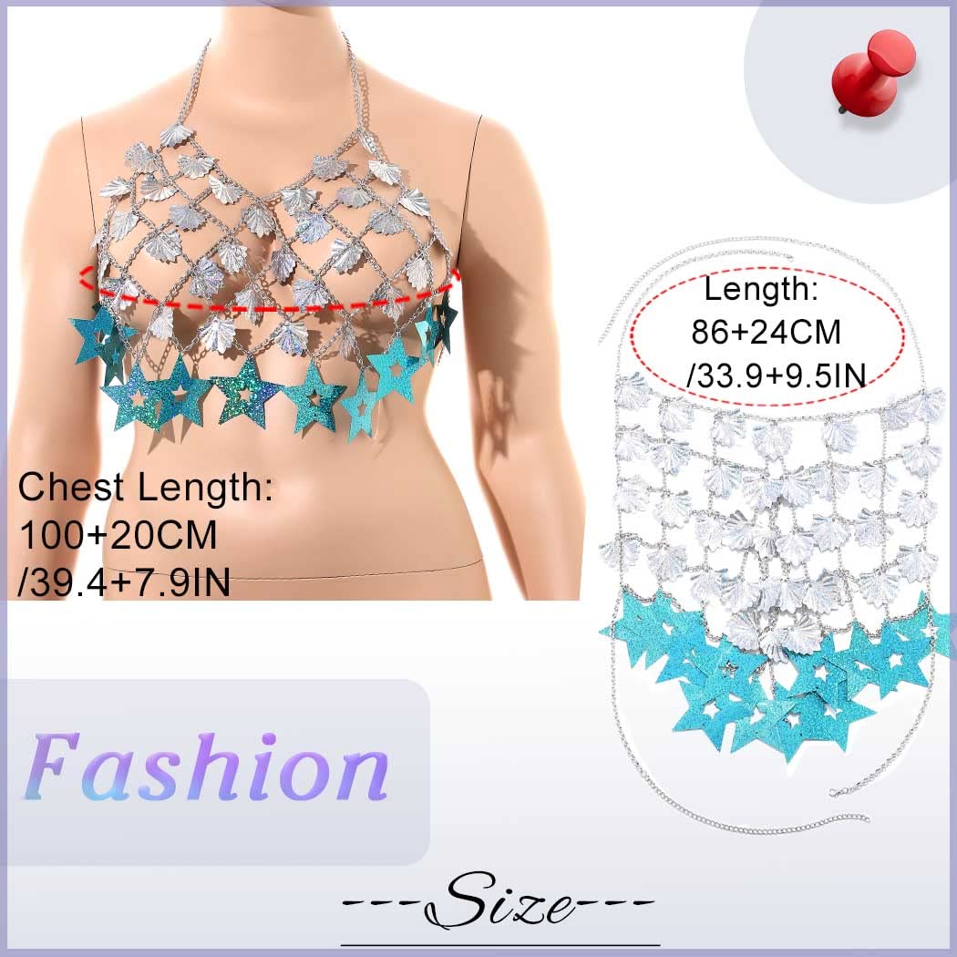 Sexy Body Chain Bikini Silver Tassel Star Sequins Bra Halter Backless Crop Top Shell Beach Party Chest Chains Jewelry for Women