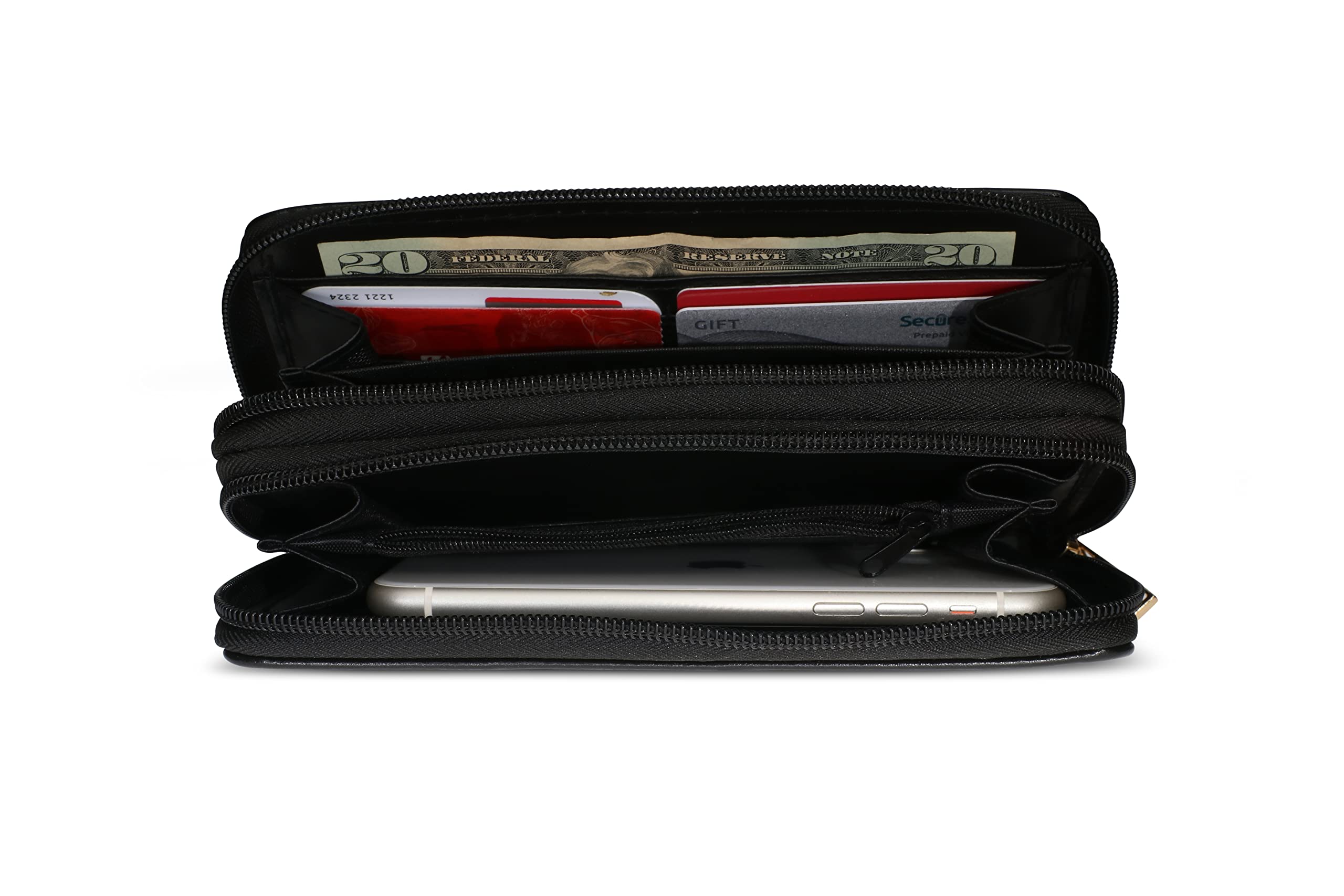 Stud Wallet for Women - Double Zip Around Ladies Clutch Purse Organizer with Card Slots and Coin Purse (Navy Blue)
