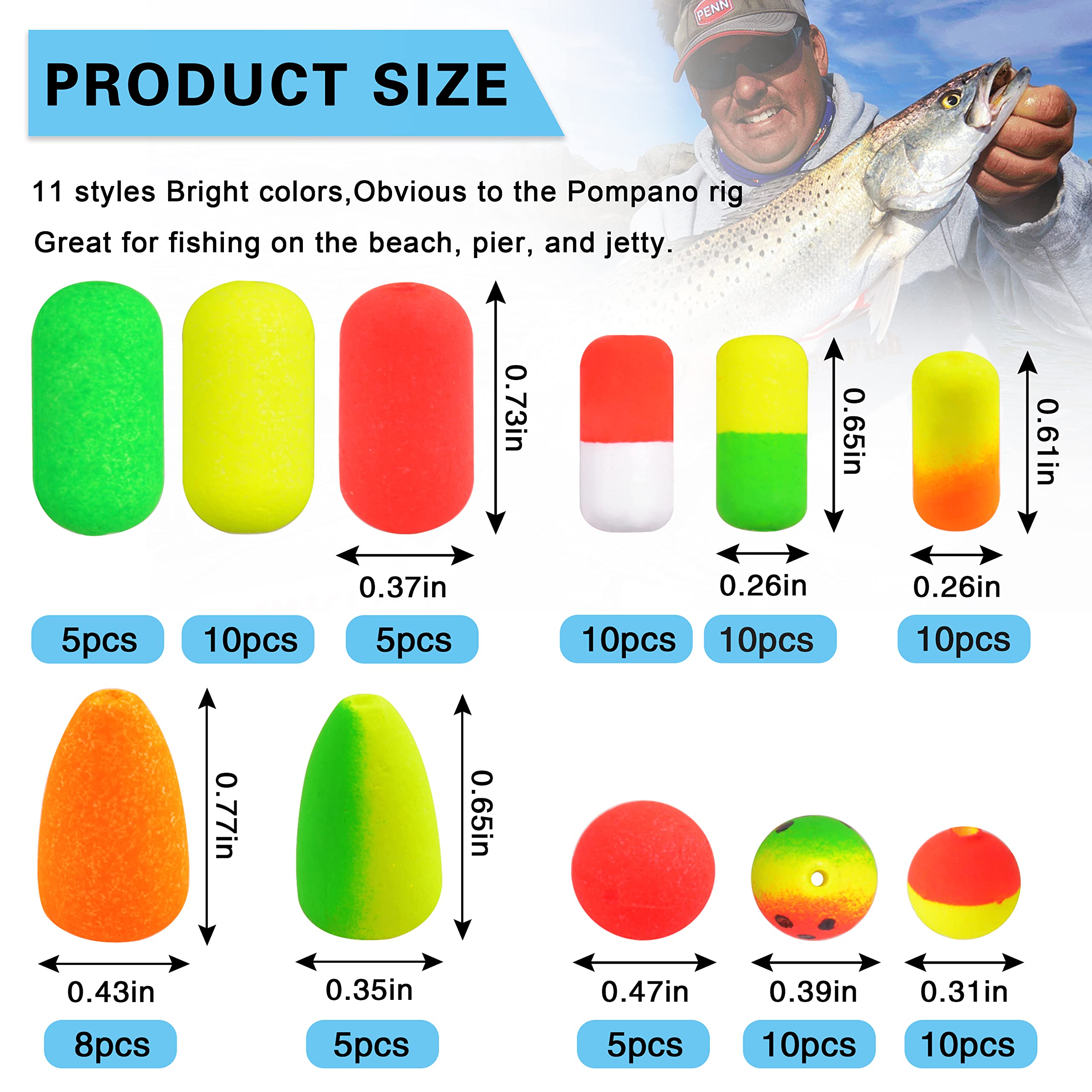SILANON Pompano Rigs Floats Beads Kit,Foam Snell Fishing Floats Bobbers for Surf Fishing Live Bait Walleye Rig Making Accessories Bullet Cylinder Float for Trout Catfish