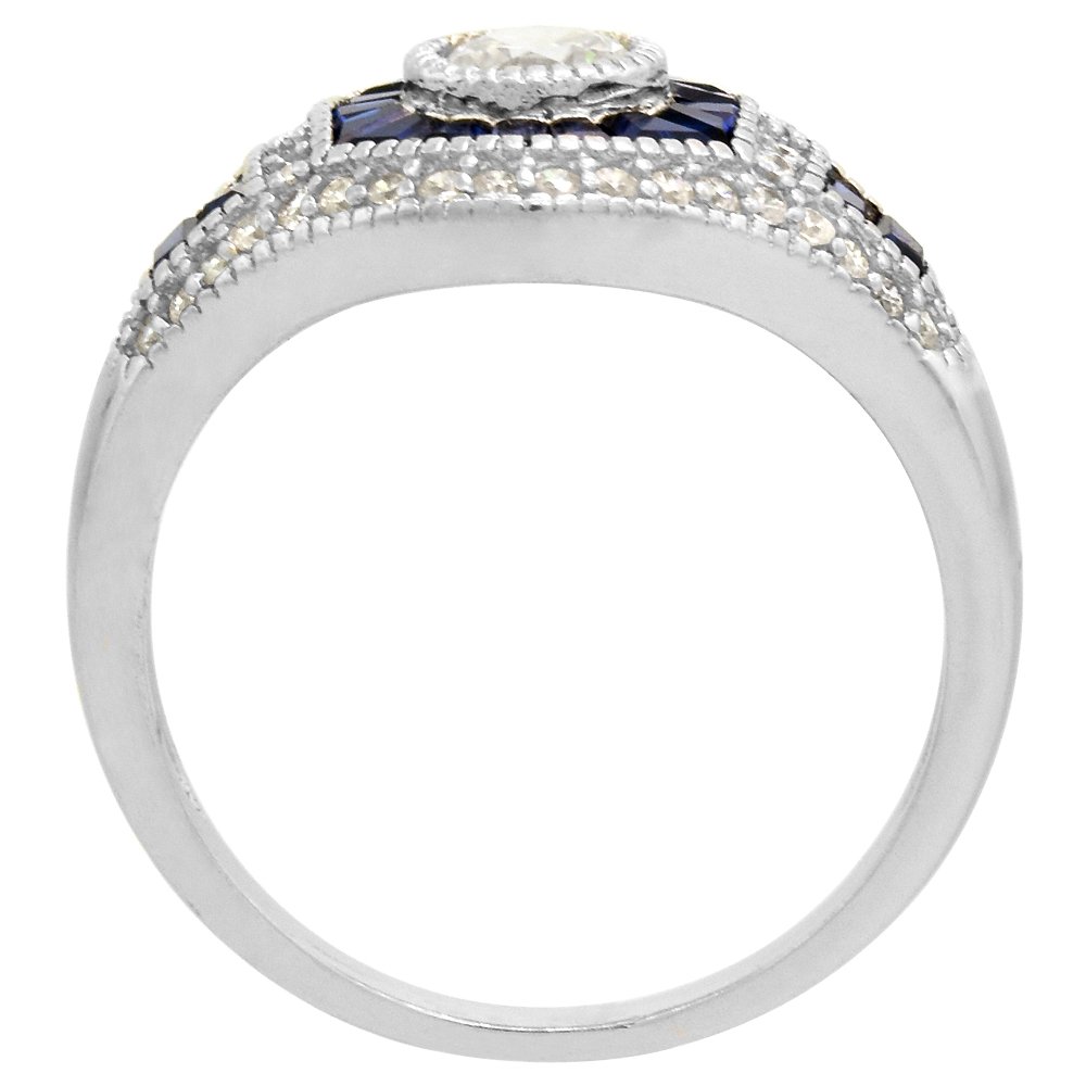 Sterling Silver Art Deco Ring Round CZ 5mm Synthetic Baguette Blue Sapphires 1/2 inch wide size 9