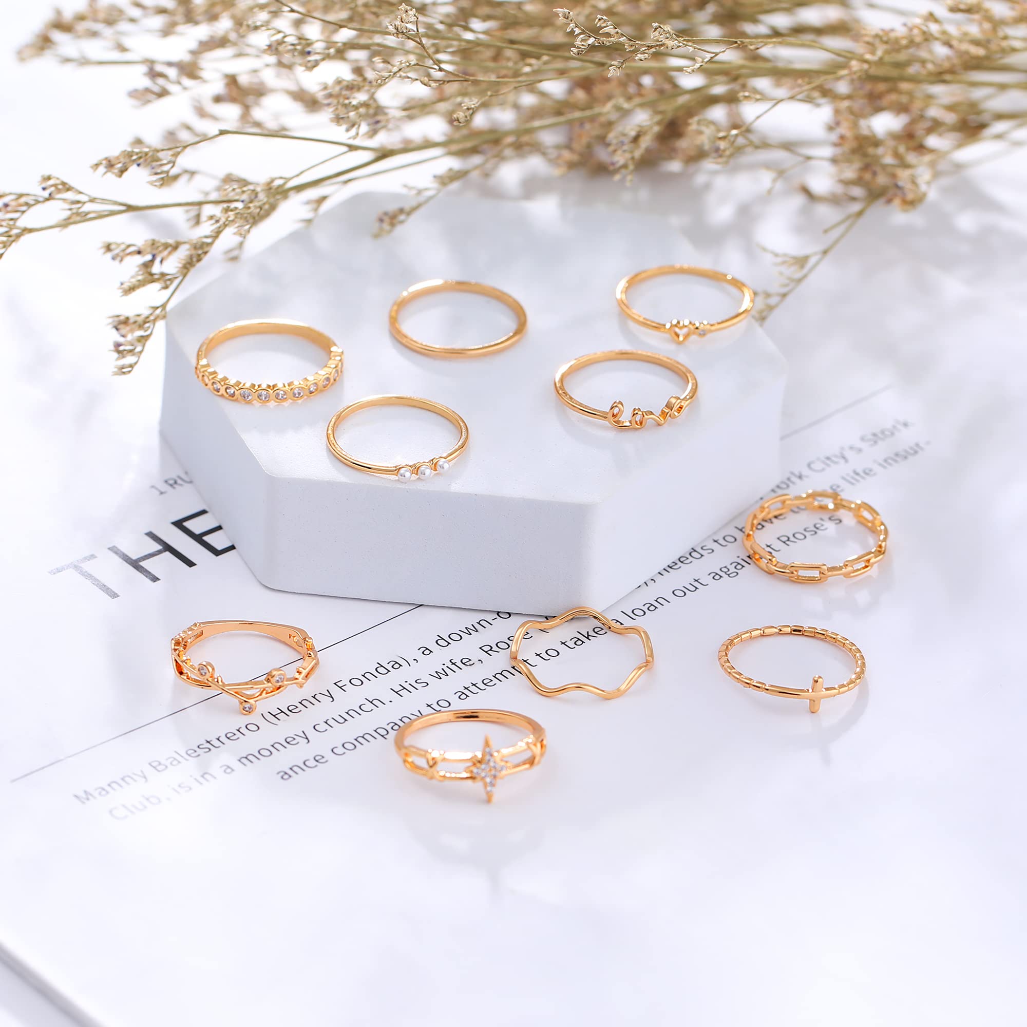 Sunssy 10PCS 14K Gold Plated Stacking Rings for Women,Stackable Knuckle Rings Set Trendy Dainty Silver Ring for Teen Band Wave Thin Rings Size 5-11