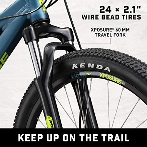 Mongoose Switchback Youth Mountain Bike with 24-Inch Wheels in Navy Blue, Aluminum Hardtail Frame, 8-Speed Drivetrain, and Mechanical Disc Brakes