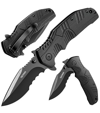 TACTIMAN Pocket Folding Knife Survival Gear Tactical Knife with Liner Lock Stainless Steel Blade in Black Oxidation G10 Handle Reversible Pocket Clip Gifts for Men Dad Husband