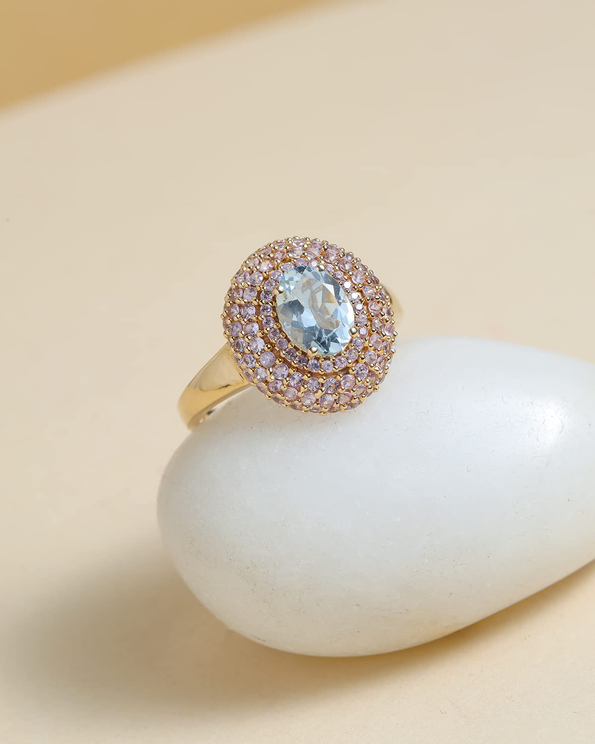 YoTreasure 1.95 Ct. Aquamarine Pink Sapphire Wedding Ring Solid 14K Yellow Gold Gemstone Jewelry