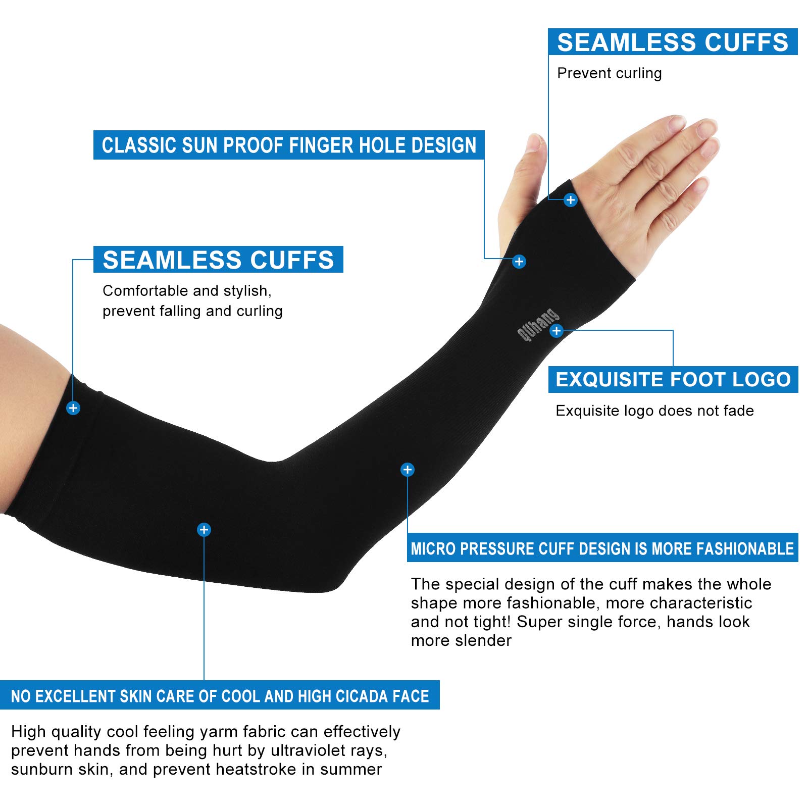QUhang 6 Pairs Arm Compression Sleeves for Women Men Outdoor UPF50 UV Protection Sun Sleeves Cooling Tattoo Black Sleeves with Thumb Hole