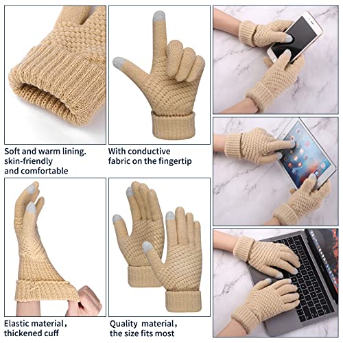 Sibba 2 Pairs Women's Winter Touchscreen Gloves, Warm Wool Lined Gloves, Thermal Knitted Stretchy Cuff Mittens (Black&Beige)