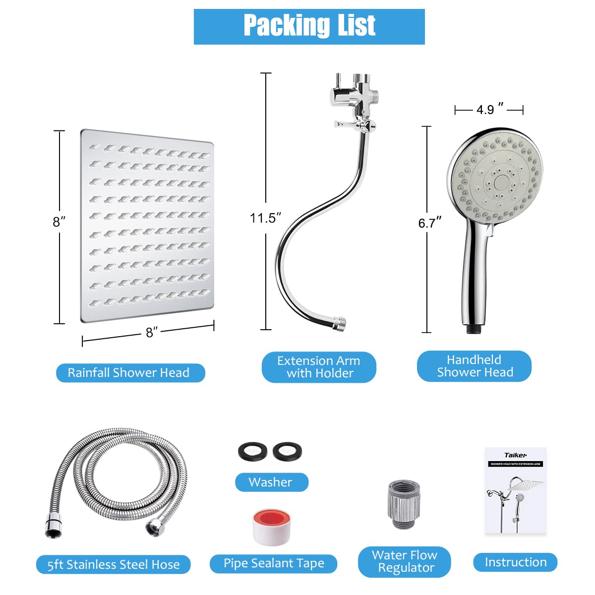 Taiker Shower Head, 8 Inch High Pressure Rainfall Shower Head/Handheld Showerhead Combo with 11.5 Inch Adjustable Curved Arm, Anti-leak Shower Head with Holder/Hose, Flow Regulator, Chrome (Silver)