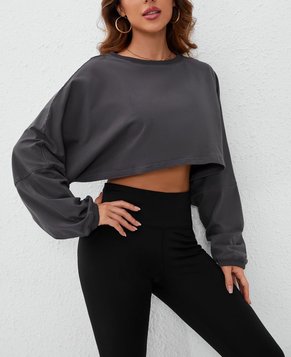 Meladyan Women Long Sleeve Crewneck Crop Top Tee Shirt Sweatshirt Casual Solid Loose Fit Workout Cropped Pullover Tshirt Dark Grey