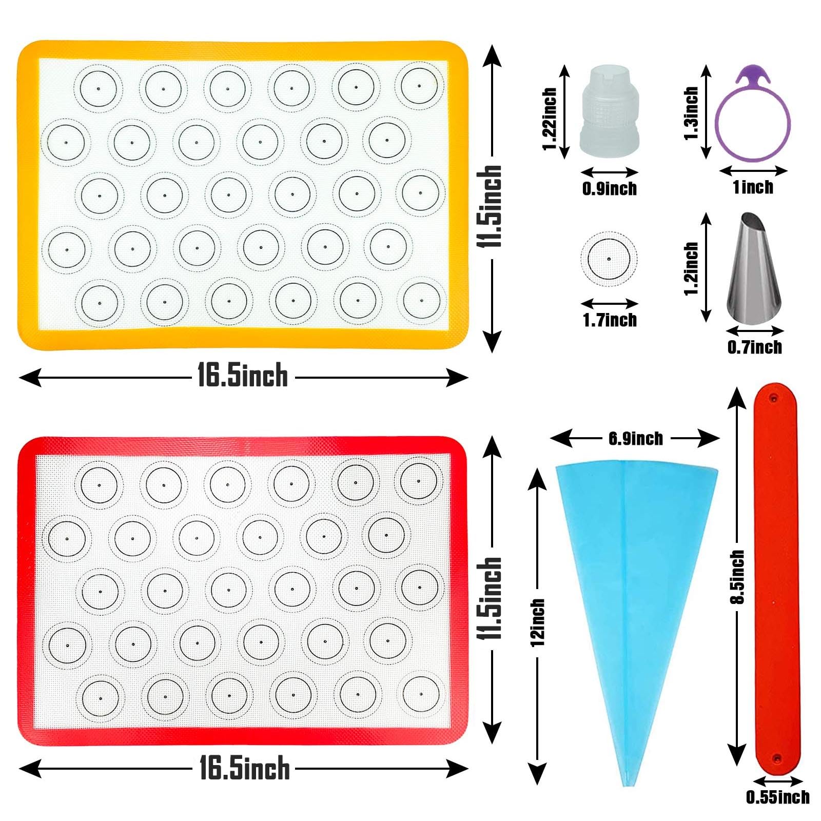 Tailpa Macaron Baking Kit Silicone Mat(22 Pcs Set), Macaron Baking Supplies, Baking Set of 2 Half Sheet Macaron Silicone Mats (16.5"x11.5"), 14 Piping Tip, 2 Piping Bag,2 Bag Tie, 2 Coupler
