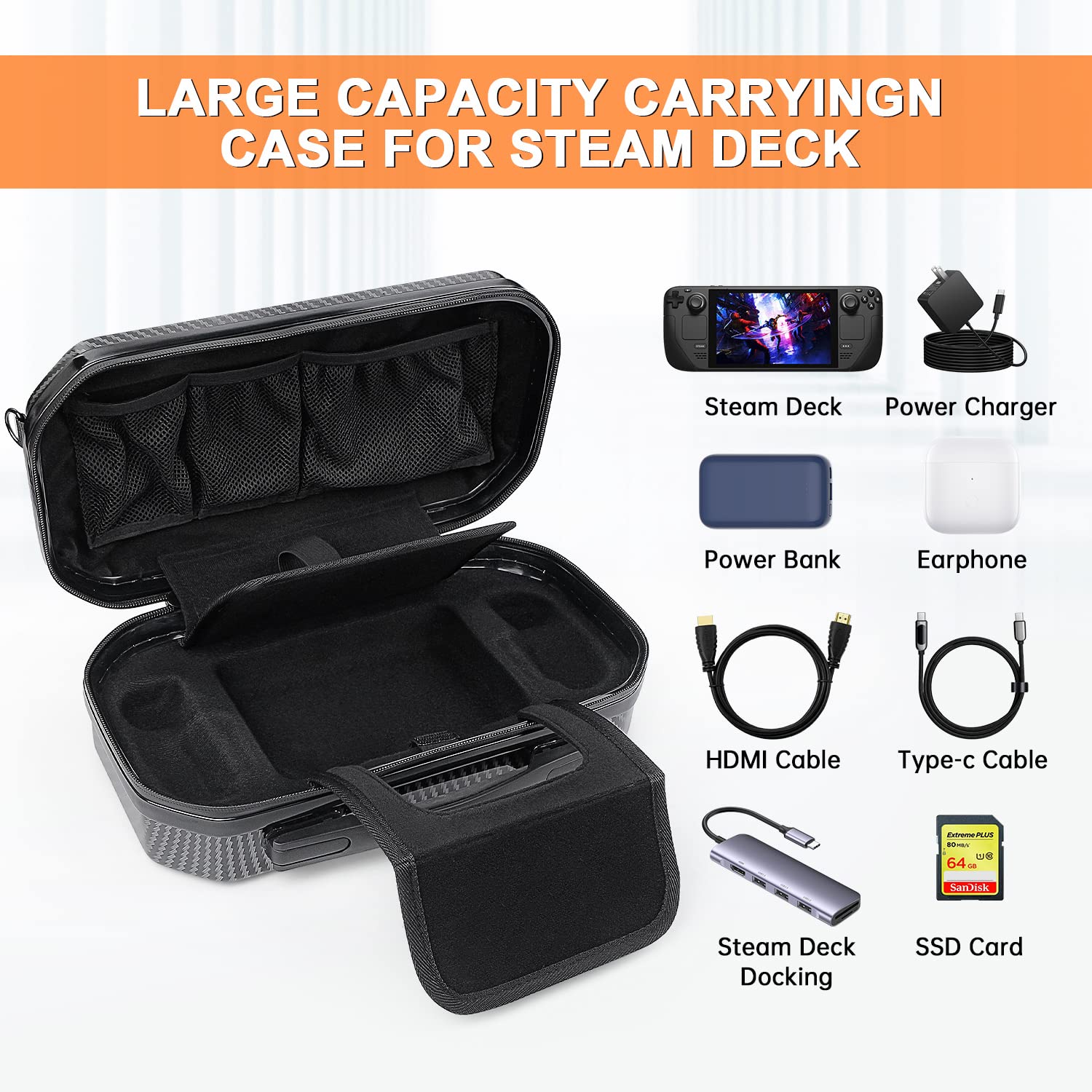 YIZEIJOB Durable Travel Case for Steam Deck Accessories Console Protective Carrying Hard Case Bag Larger Capacity Travel Pouch Portable Shoulder Storage Perfectly Fit with Valve Steam Deck