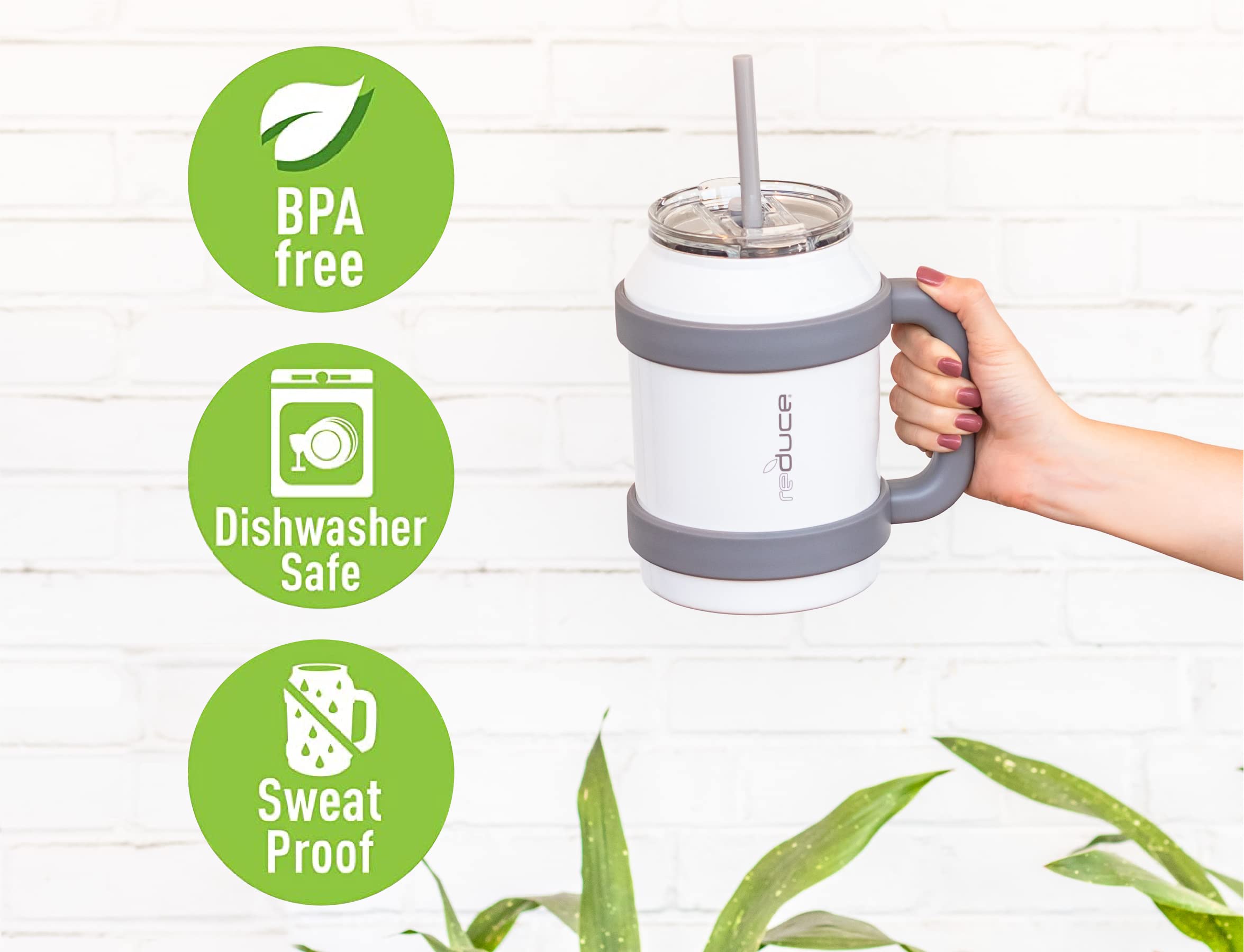 REDUCE Cold1 50 oz Reusable Mug Tumbler with Handle - Insulated Stainless Steel Water Bottle for Home, Office and Gym; Straw or Sip Leakproof Lid When Closed. Keeps Drinks Ice Cold All Day - Charcoal