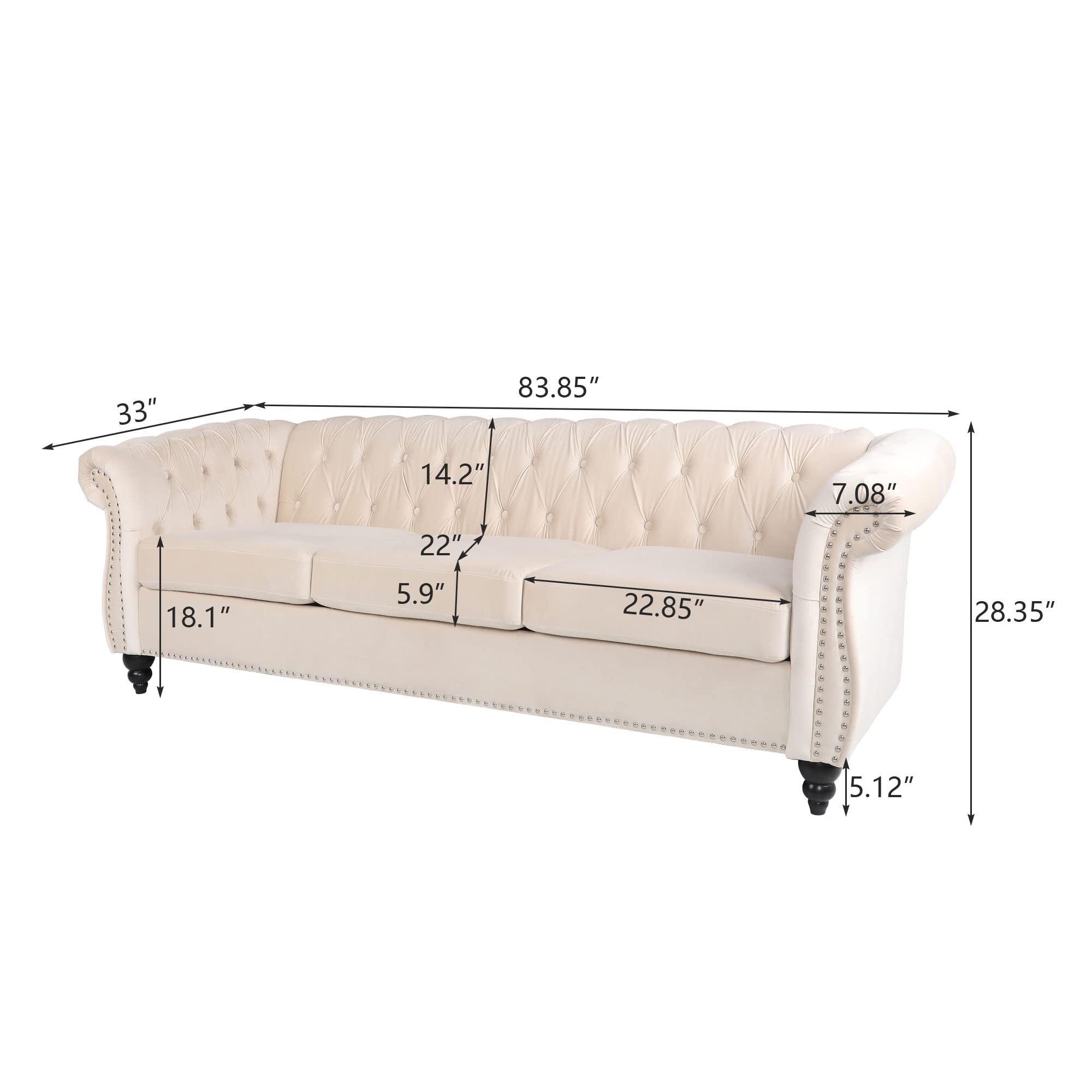 MIYZEAL Modern 3 Seater Couch Velvet, Upholstered Sofa with Tufted Back, Roll Arm Classic Chesterfield Settee Couches for Living Room, Office (Beige)