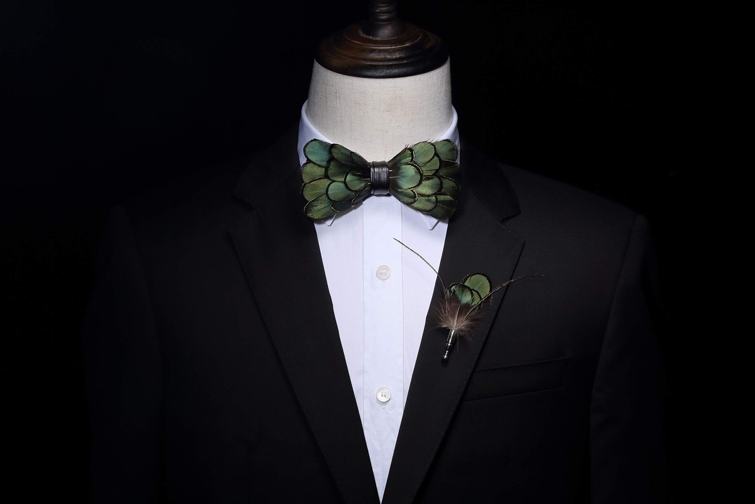 RBOCOTT Green Feather Pre-tied Bow tie Leather Bowtie and Brooch Sets for Men(6)