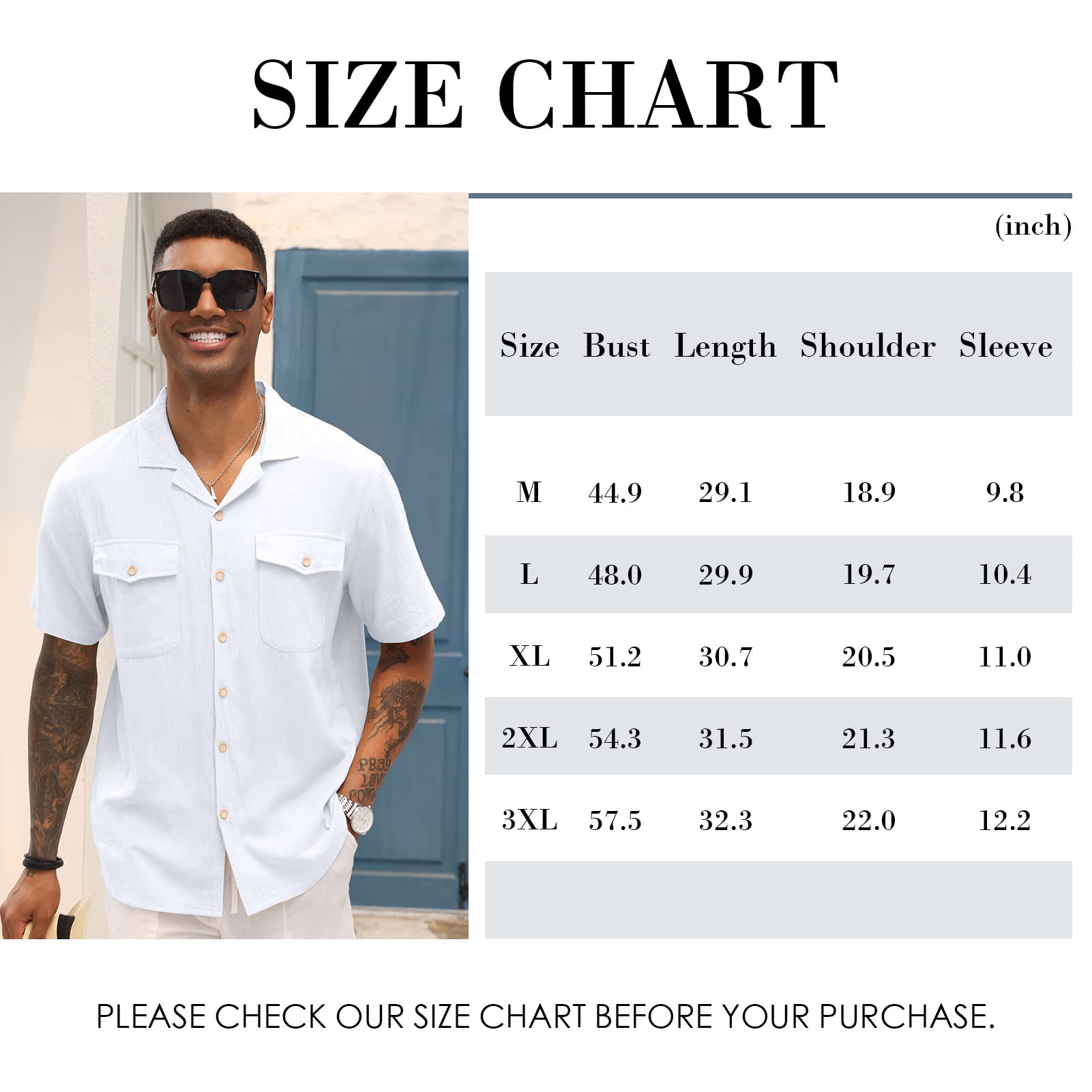 Men's Cuban Guayabera Linen Shirts Casual Short Sleeve Button Down Shirts Summer Beach Top with Pocket WHITE M