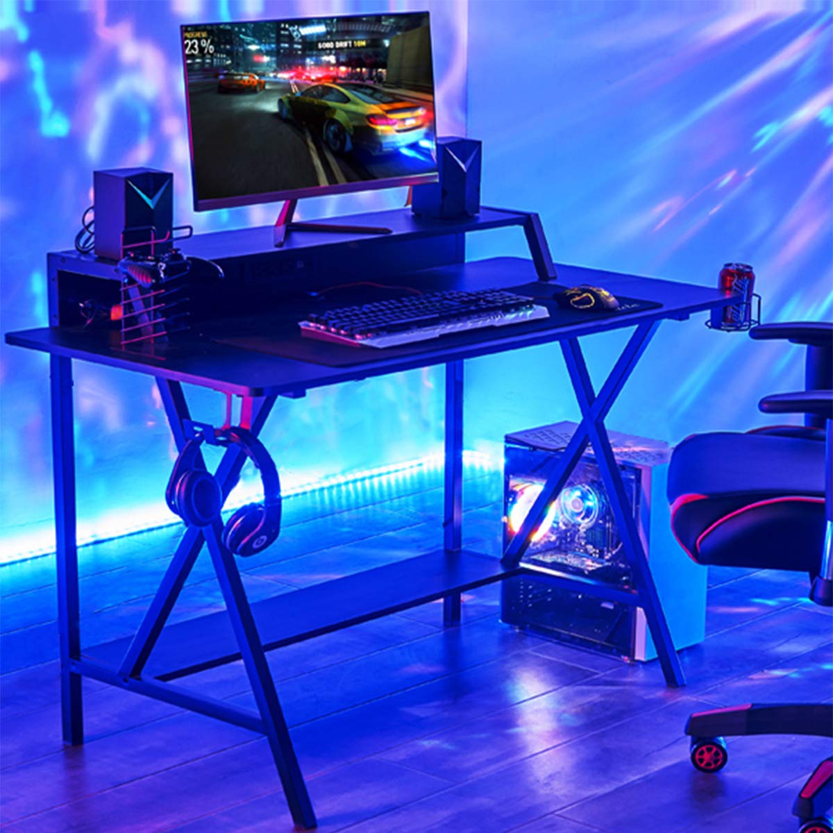 POWERSTONE Gaming Desk - 46” Gaming Computer Desk Office Desk Racing Style PC Gamer Desk Large Writing Workstation Black Home Table